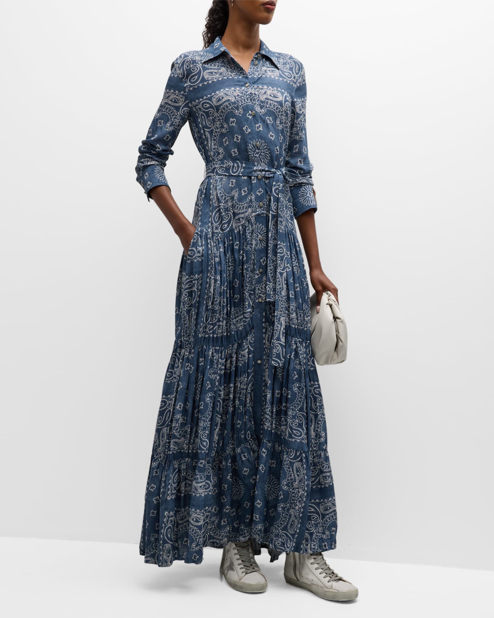 Golden Goose Golden Paisley Long-Sleeve Pleated Maxi Dress | Neiman Marcus