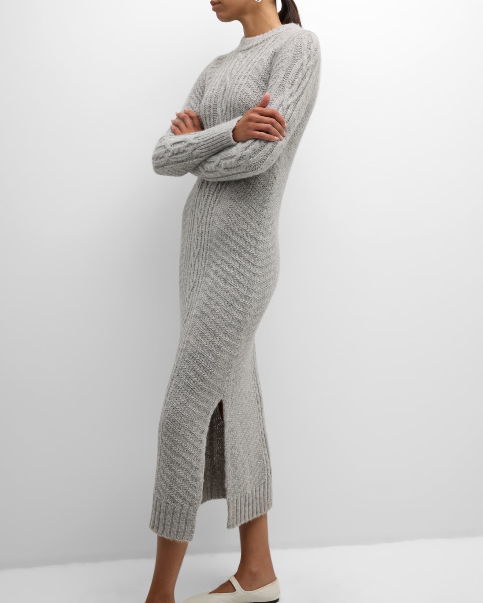 ELEVEN SIX Lora Cable-Knit Split-Cuff Midi Sweater Dress | Neiman Marcus