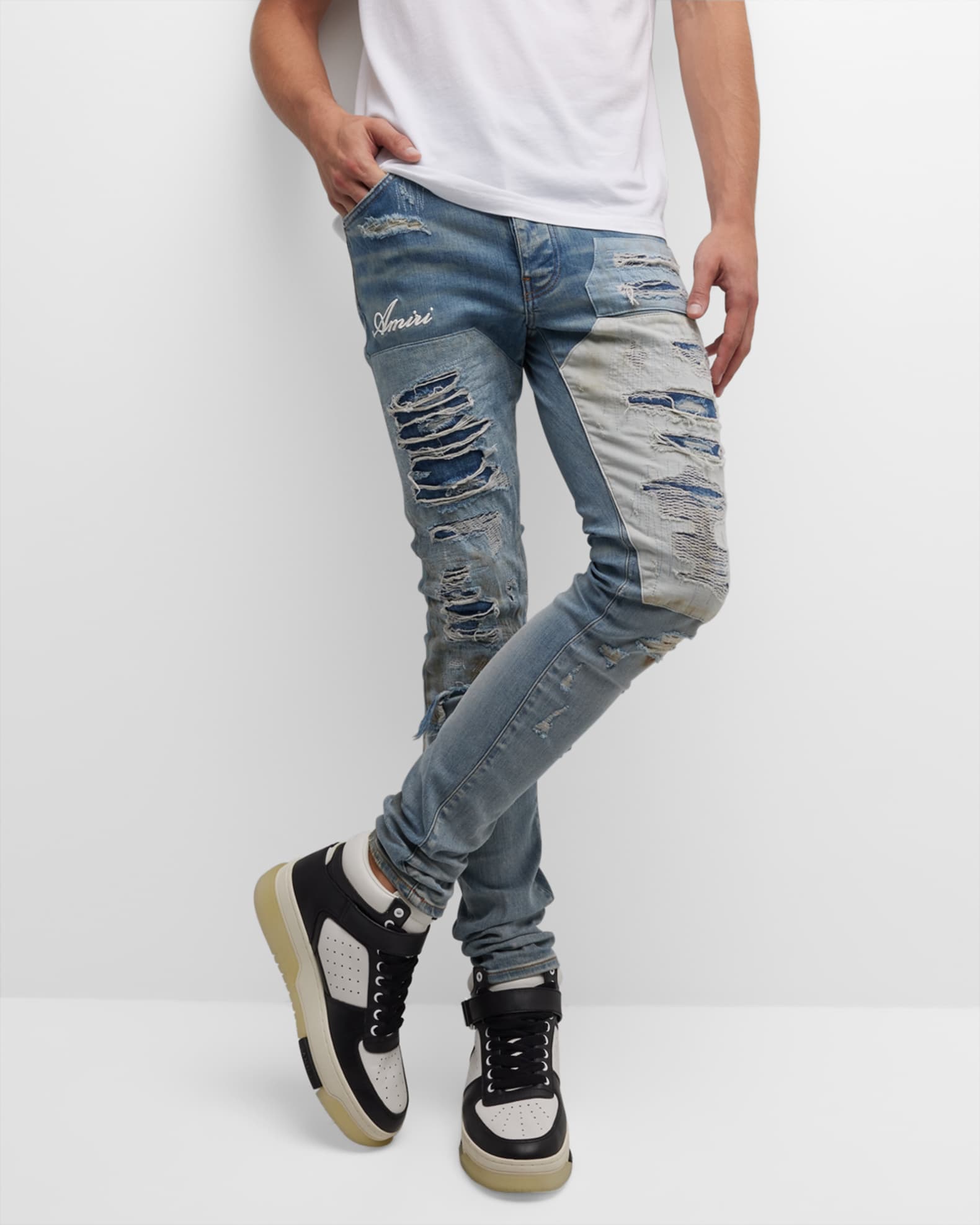 Amiri Men's Artisanal Ripped Skinny Jeans | Neiman Marcus