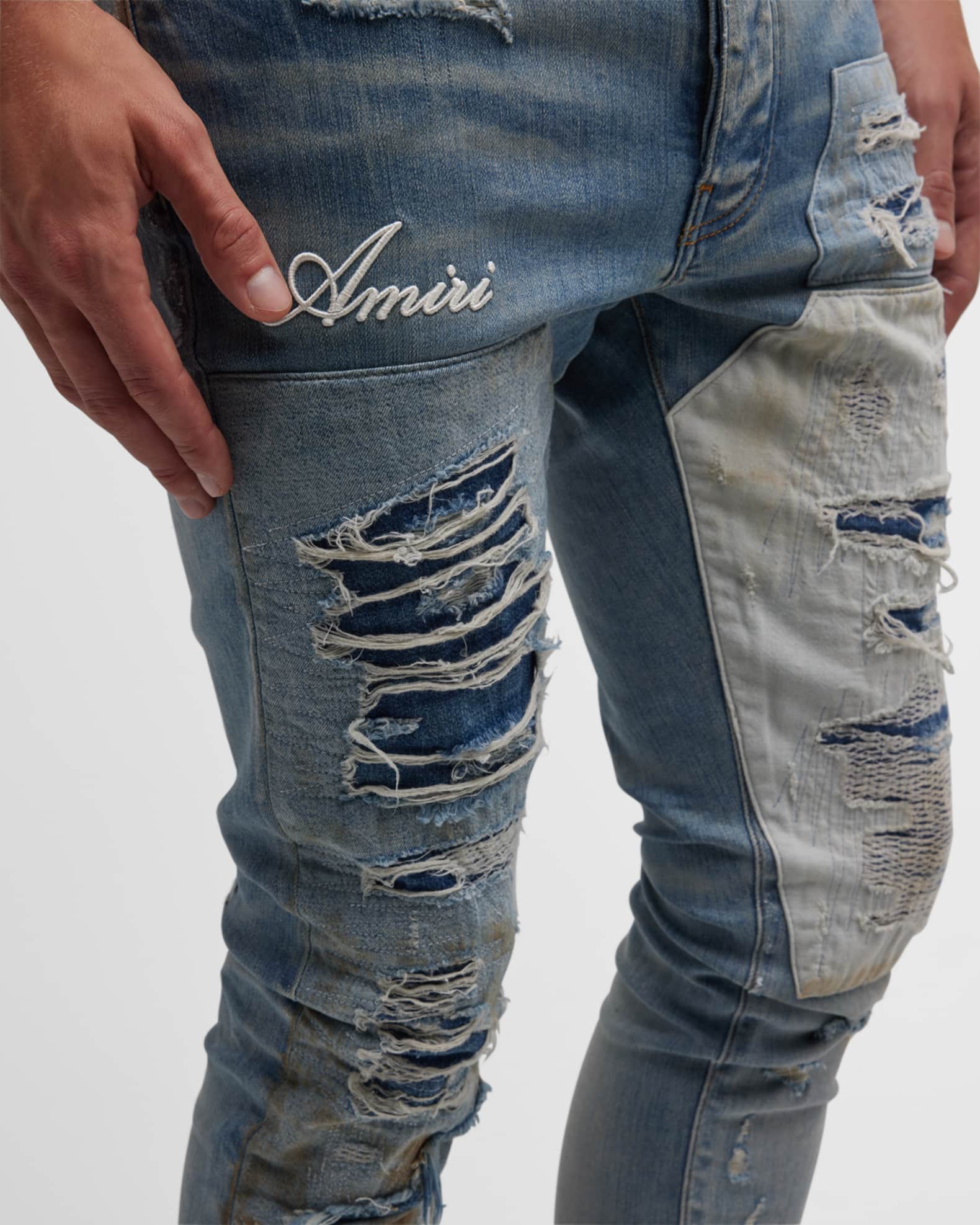 Amiri Men's Artisanal Ripped Skinny Jeans | Neiman Marcus