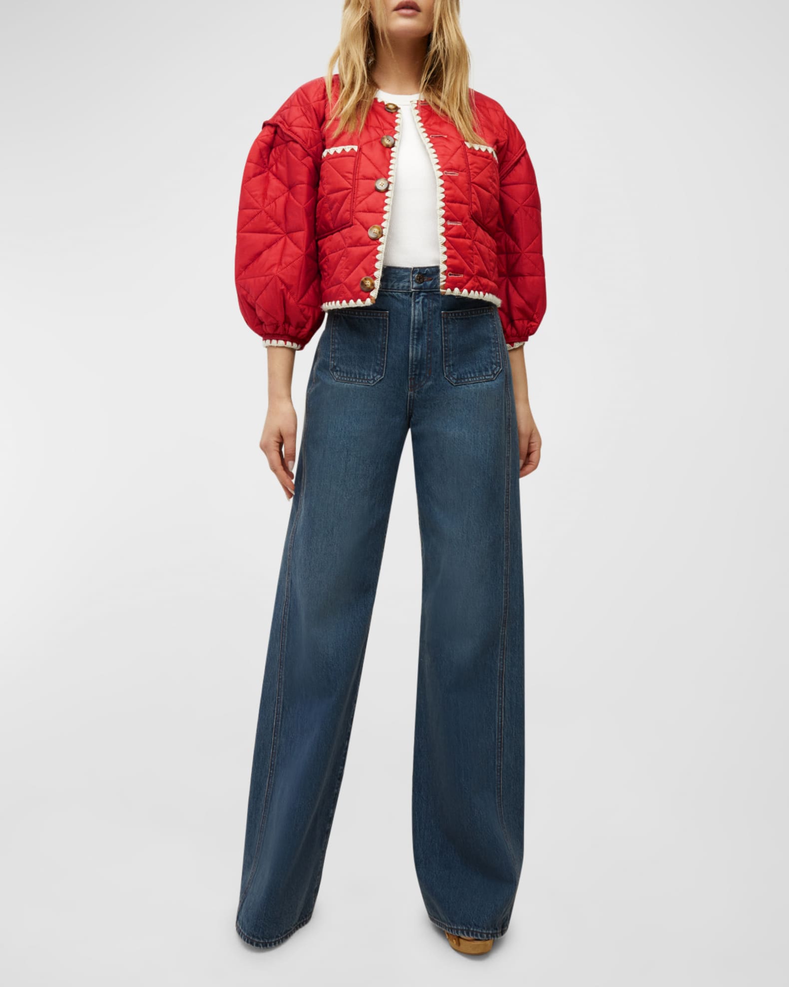 Veronica Beard Leal Reversible Quilted Puff-Sleeve Cropped Jacket | Neiman Marcus