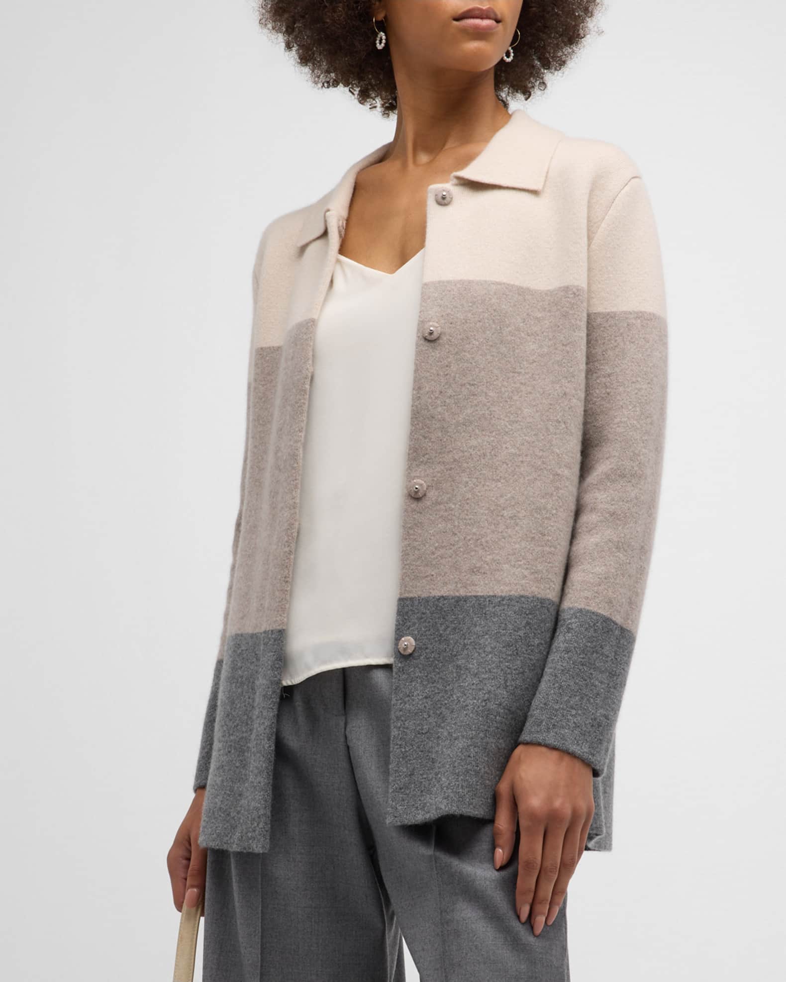 Neiman Marcus Cashmere Collection Cashmere Double-Knit Colorblock Shirt ...