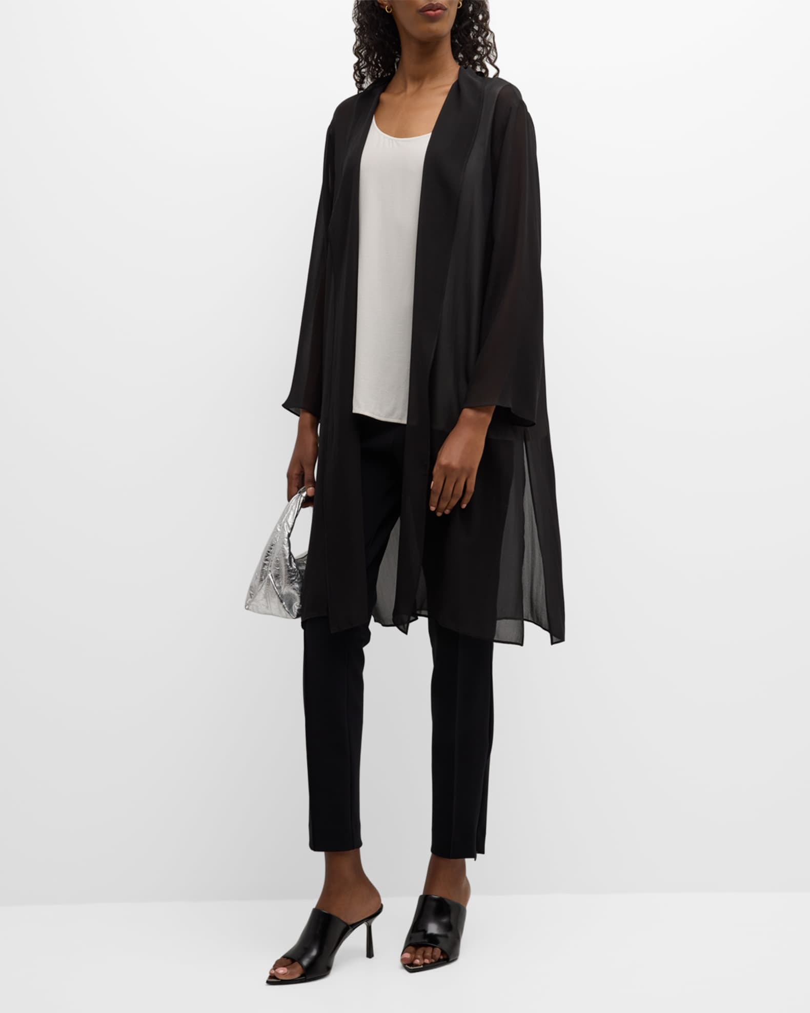 Eileen Fisher Petite Open-Front Sheer Silk Georgette Duster | Neiman Marcus