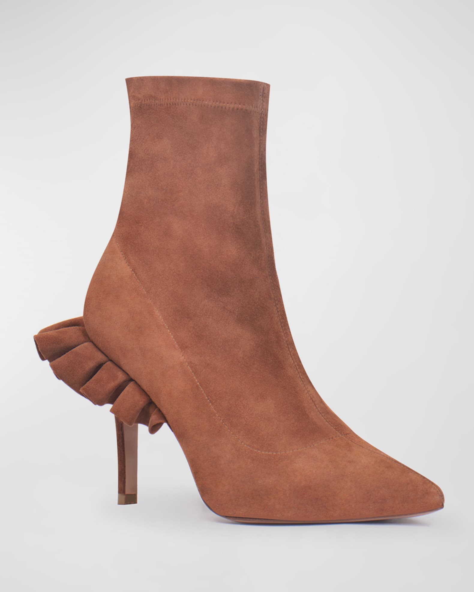 Andrea Wazen Stretch Suede Ruffle Stiletto Ankle Boots | Neiman Marcus