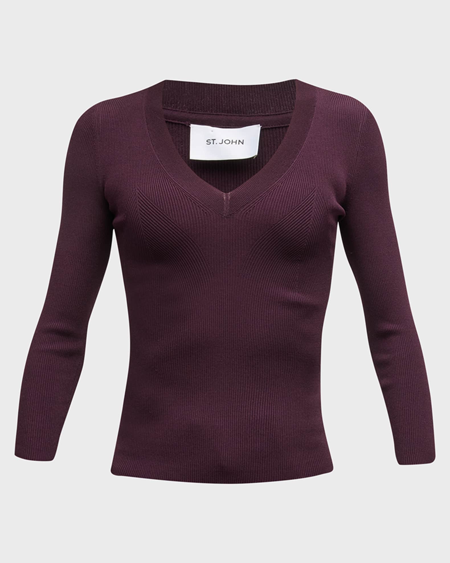 St. John V-Neck Fine Gauge Rib Knit Sweater | Neiman Marcus
