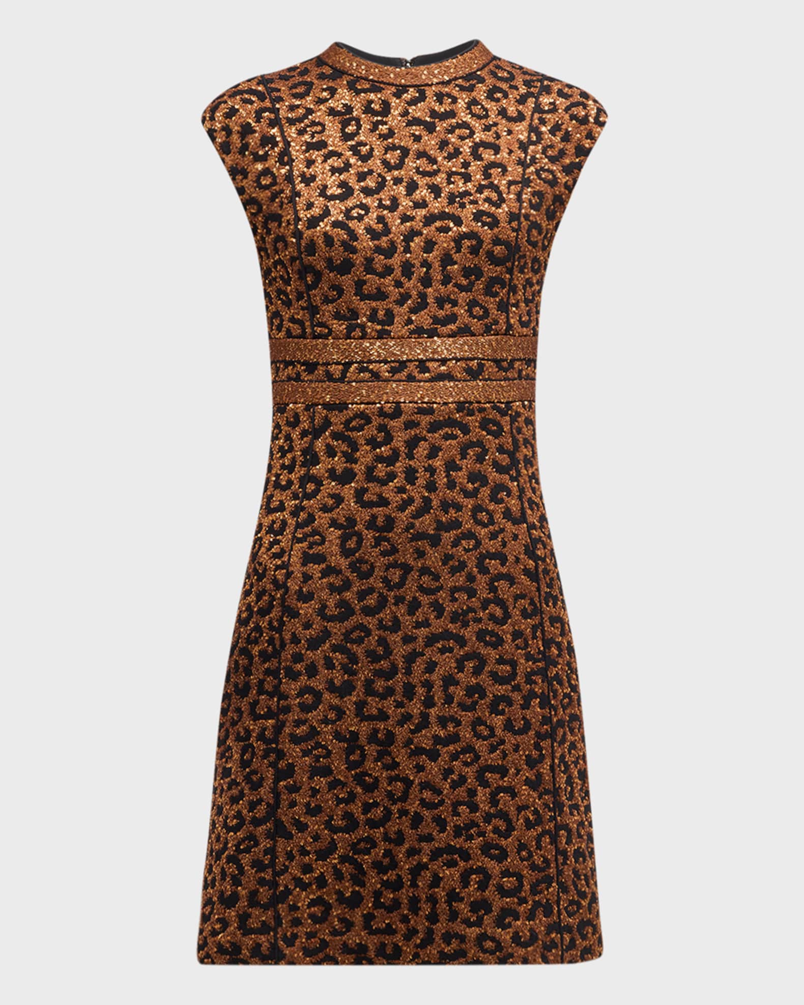 St. John Leopard Sequin Knit Cap-Sleeve A-Line Dress | Neiman Marcus