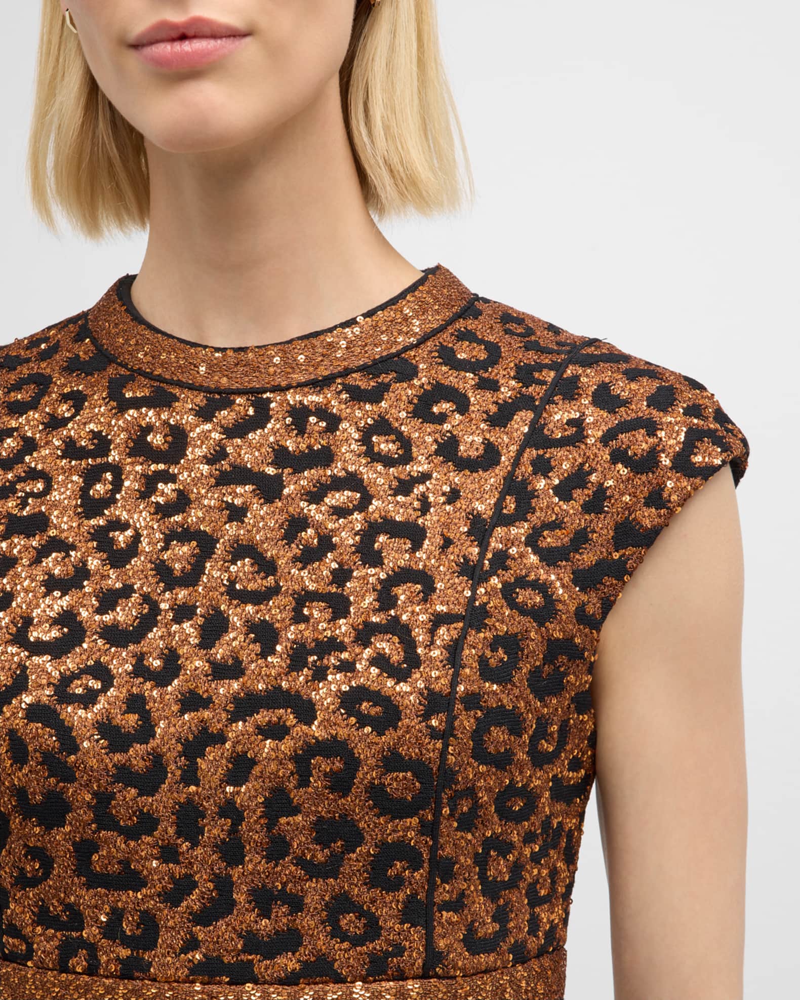St. John Leopard Sequin Knit Cap-Sleeve A-Line Dress | Neiman Marcus