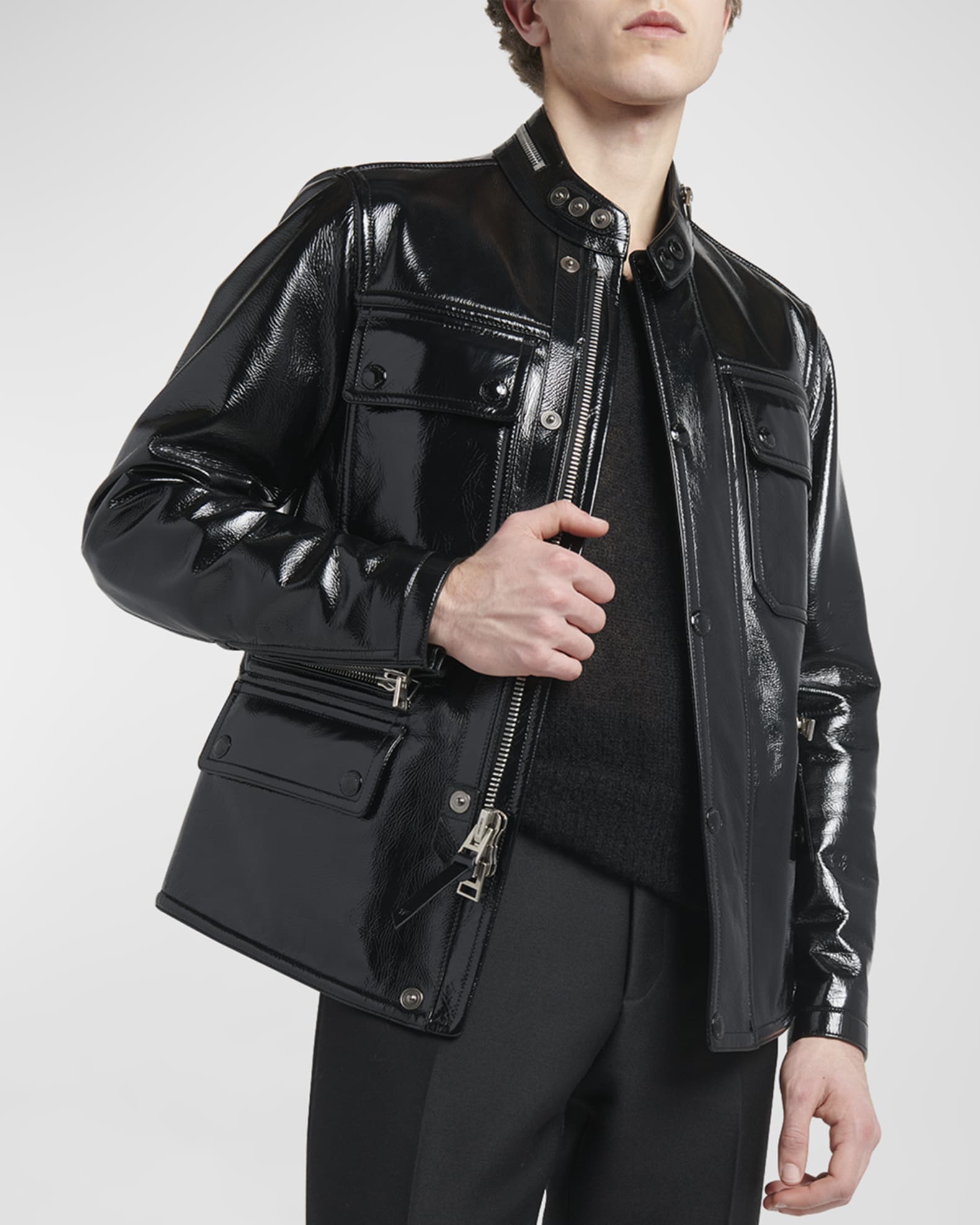 TOM FORD Men's Shiny Crackled Leather Motorcycle Jacket | Neiman Marcus