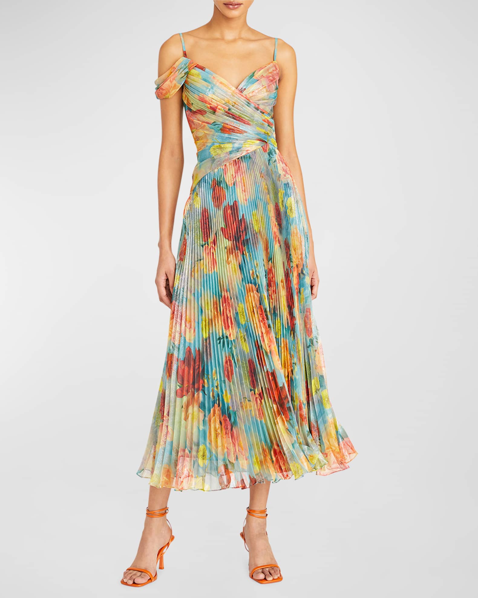 Theia Vienna Pleated Floral-Print Shimmer Midi Dress | Neiman Marcus
