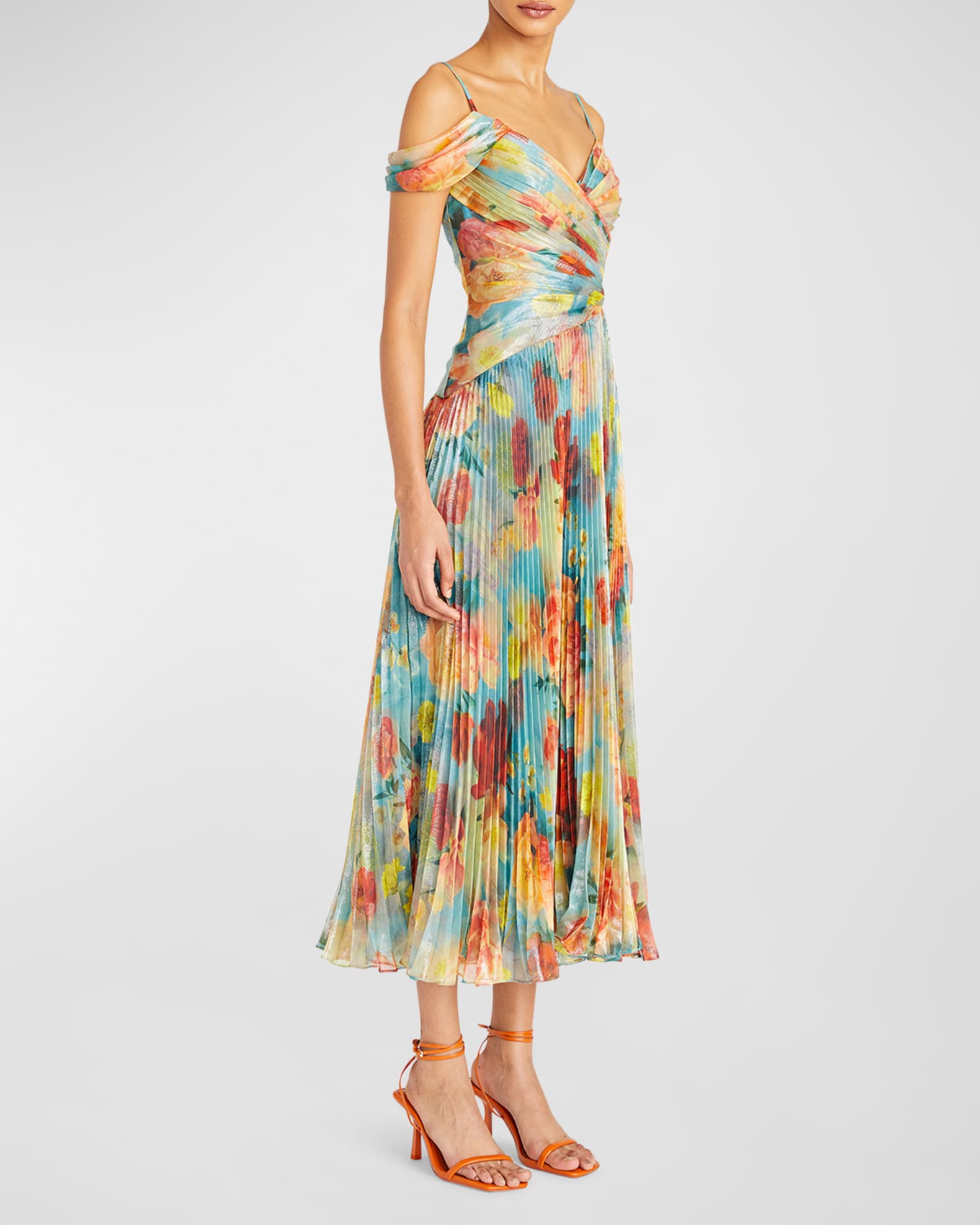 Theia Vienna Pleated Floral-Print Shimmer Midi Dress | Neiman Marcus