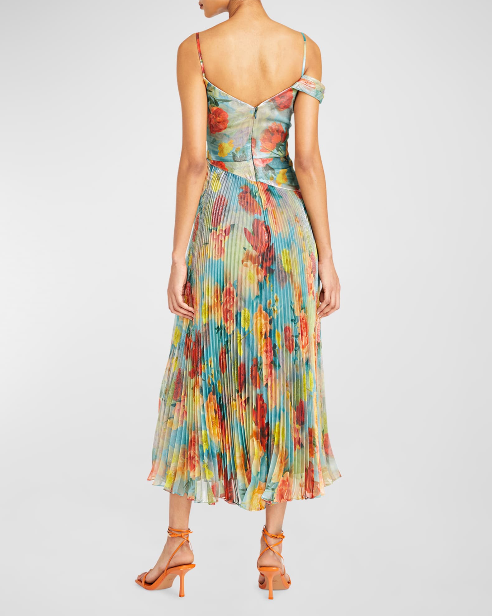 Theia Vienna Pleated Floral-Print Shimmer Midi Dress | Neiman Marcus