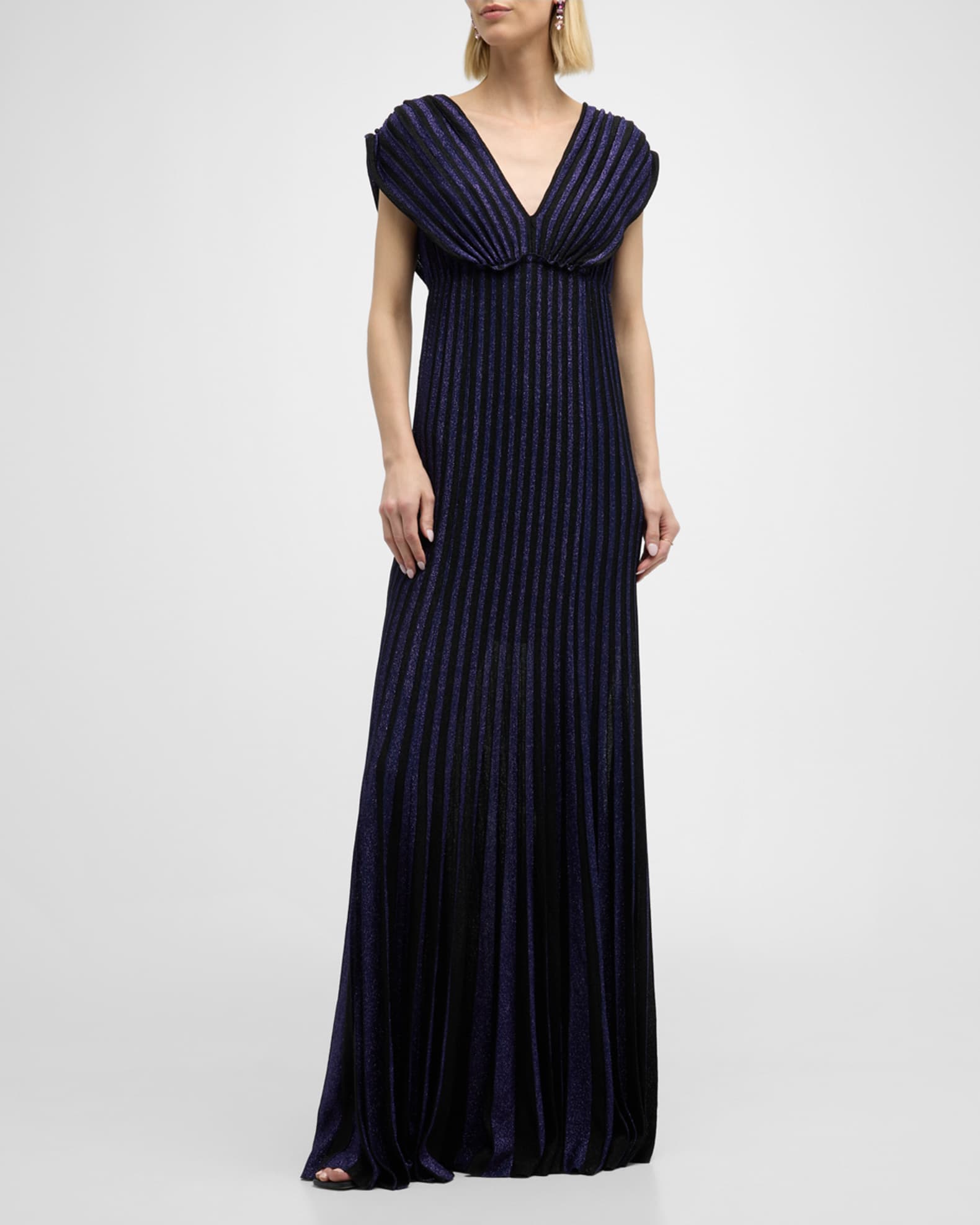 St. John Sunray Metallic Pleated Knit Empire-Waist Gown | Neiman Marcus