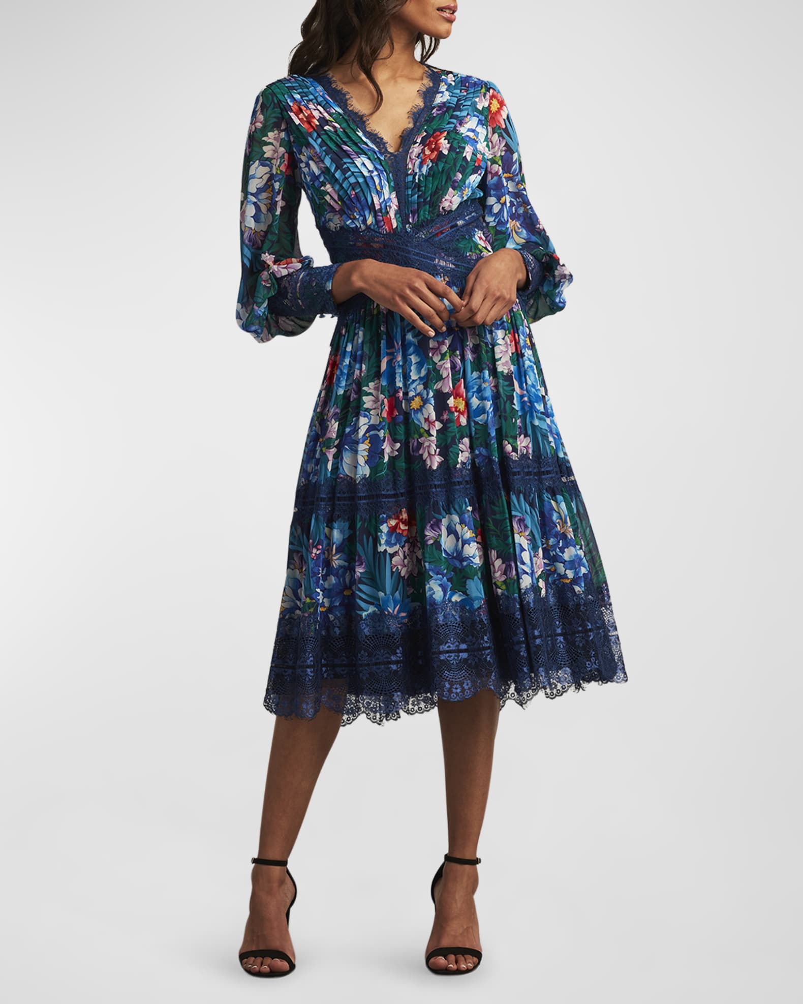 Tadashi Shoji Pleated Floral-Print Bishop-Sleeve Midi Dress | Neiman Marcus
