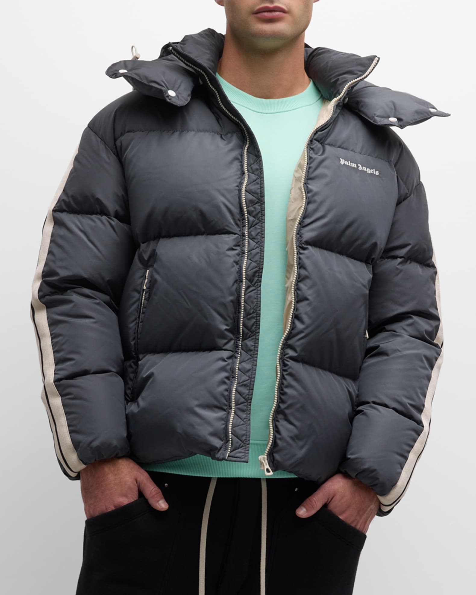 Palm Angels Men's Hooded Puffer Track Jacket | Neiman Marcus