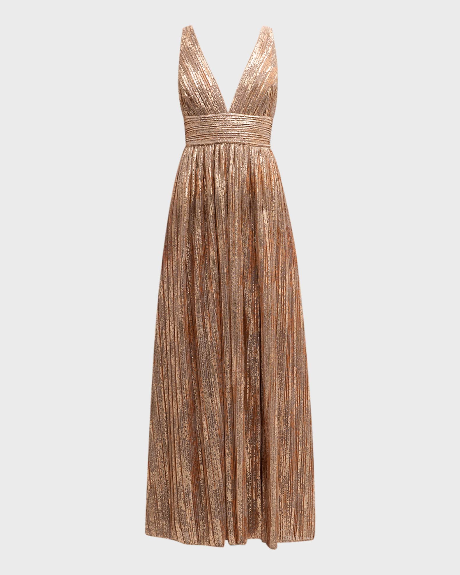 Liv Foster Pleated Deep V-Neck Metallic Foil Gown | Neiman Marcus