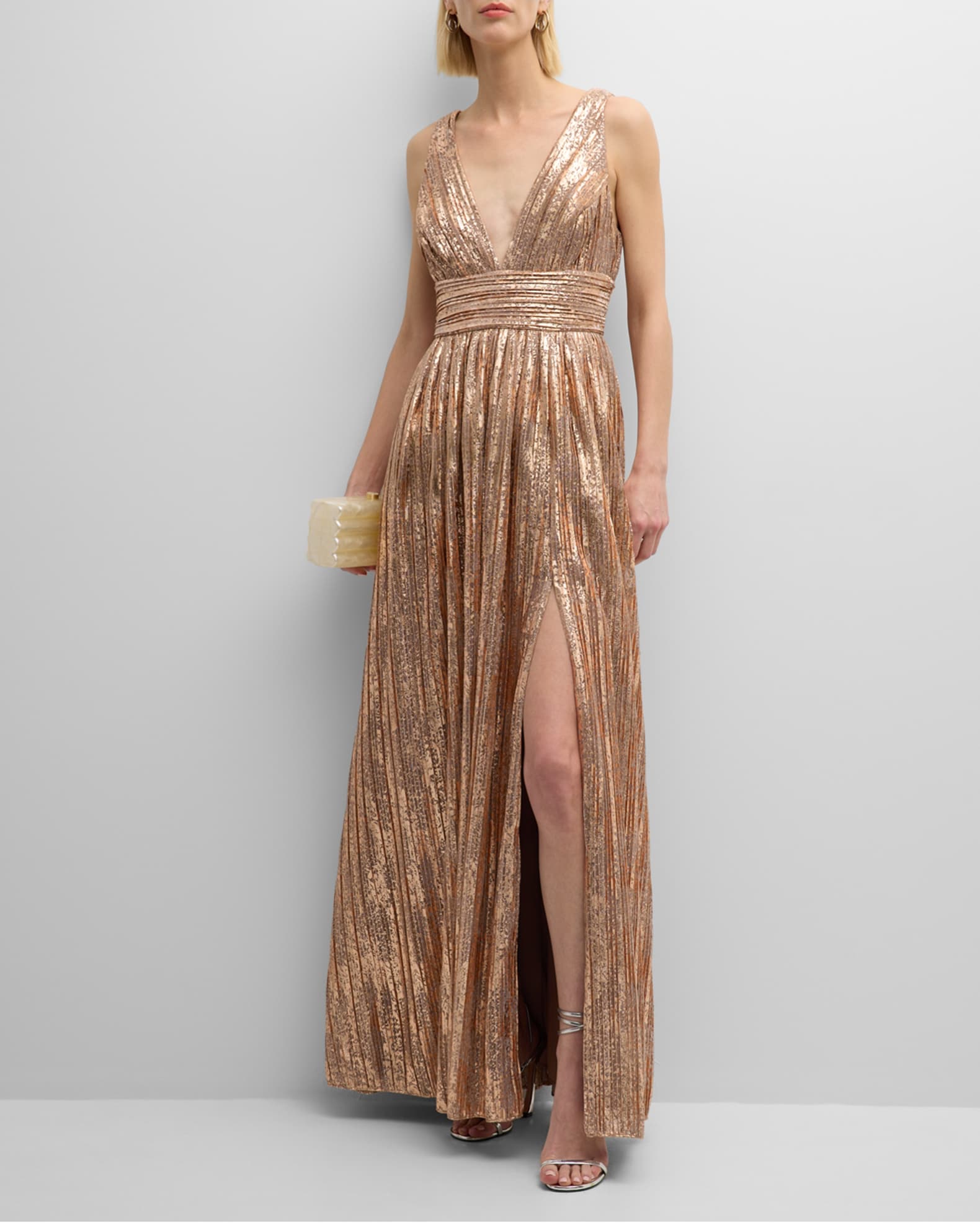 Liv Foster Pleated Deep V-Neck Metallic Foil Gown | Neiman Marcus