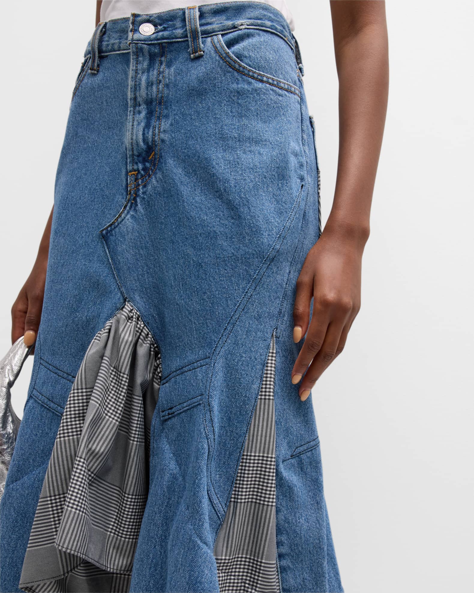 Rentrayage Abilene Plaid Denim Combo Midi Skirt | Neiman Marcus
