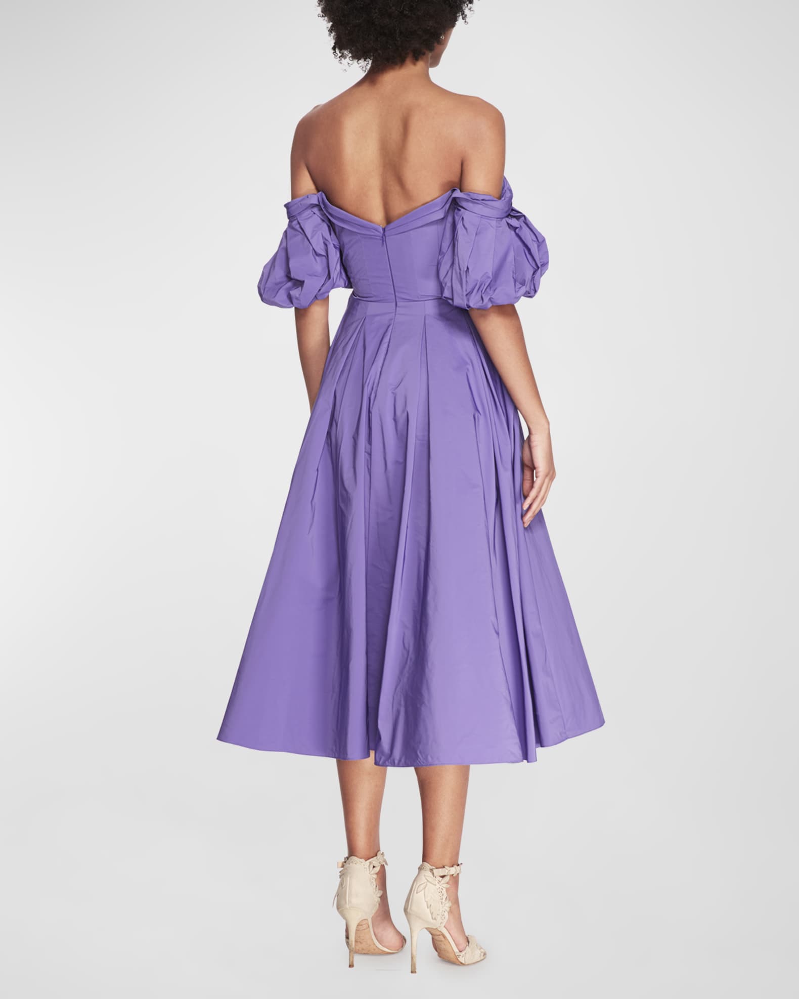 Marchesa Notte Pleated Off-Shoulder Taffeta Midi Dress | Neiman Marcus