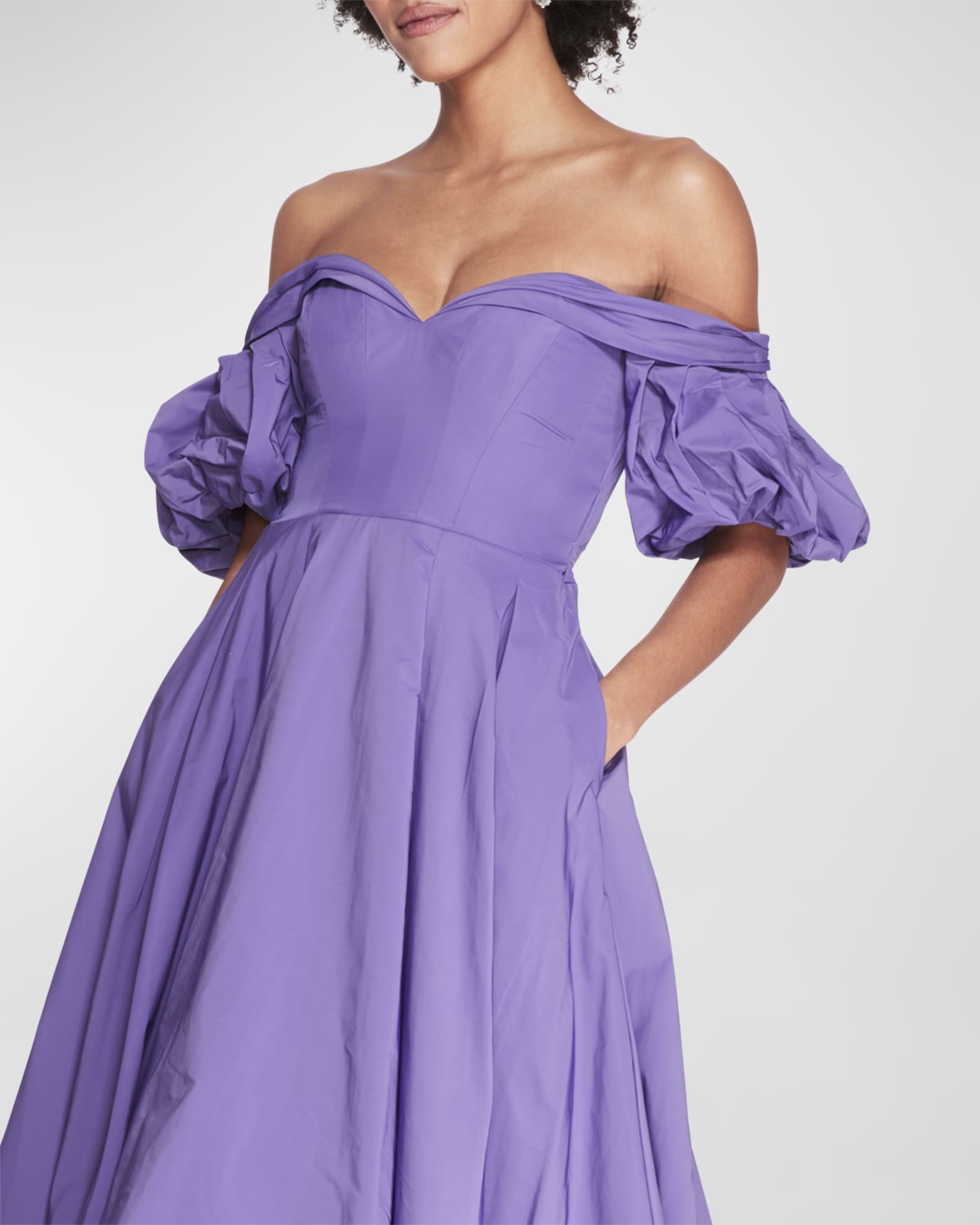 Marchesa Notte Pleated Off-Shoulder Taffeta Midi Dress | Neiman Marcus