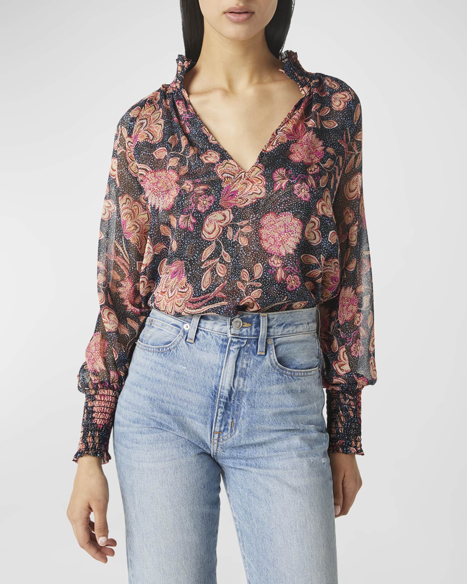 MISA Los Angeles Alexis Split-Neck Bishop-Sleeve Floral Chiffon Top ...