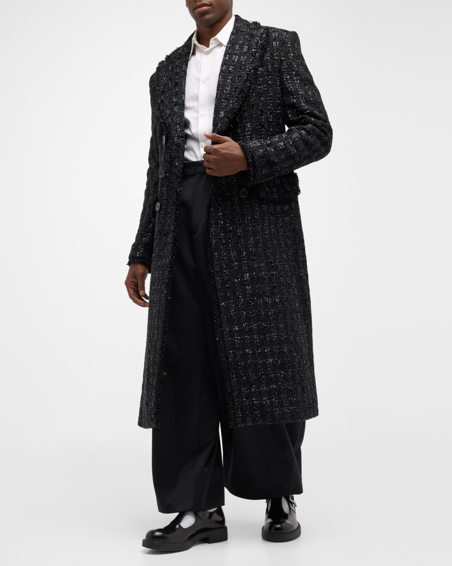 Simone Rocha Men's Tweed Lurex Double-Breasted Long Peacoat | Neiman Marcus