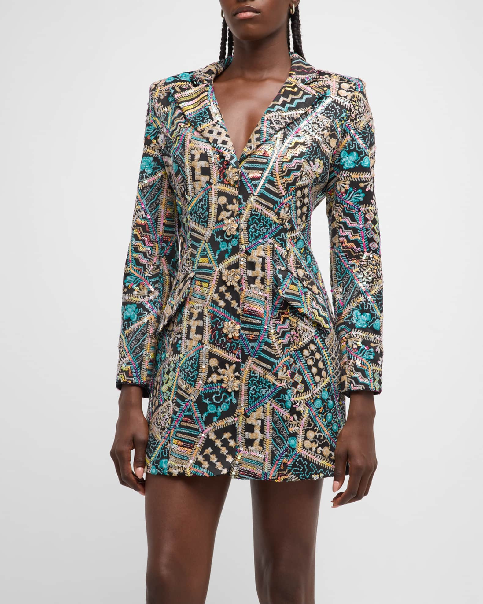 Jovani Bracelet-Sleeve Sequin Mini Jacket Dress | Neiman Marcus