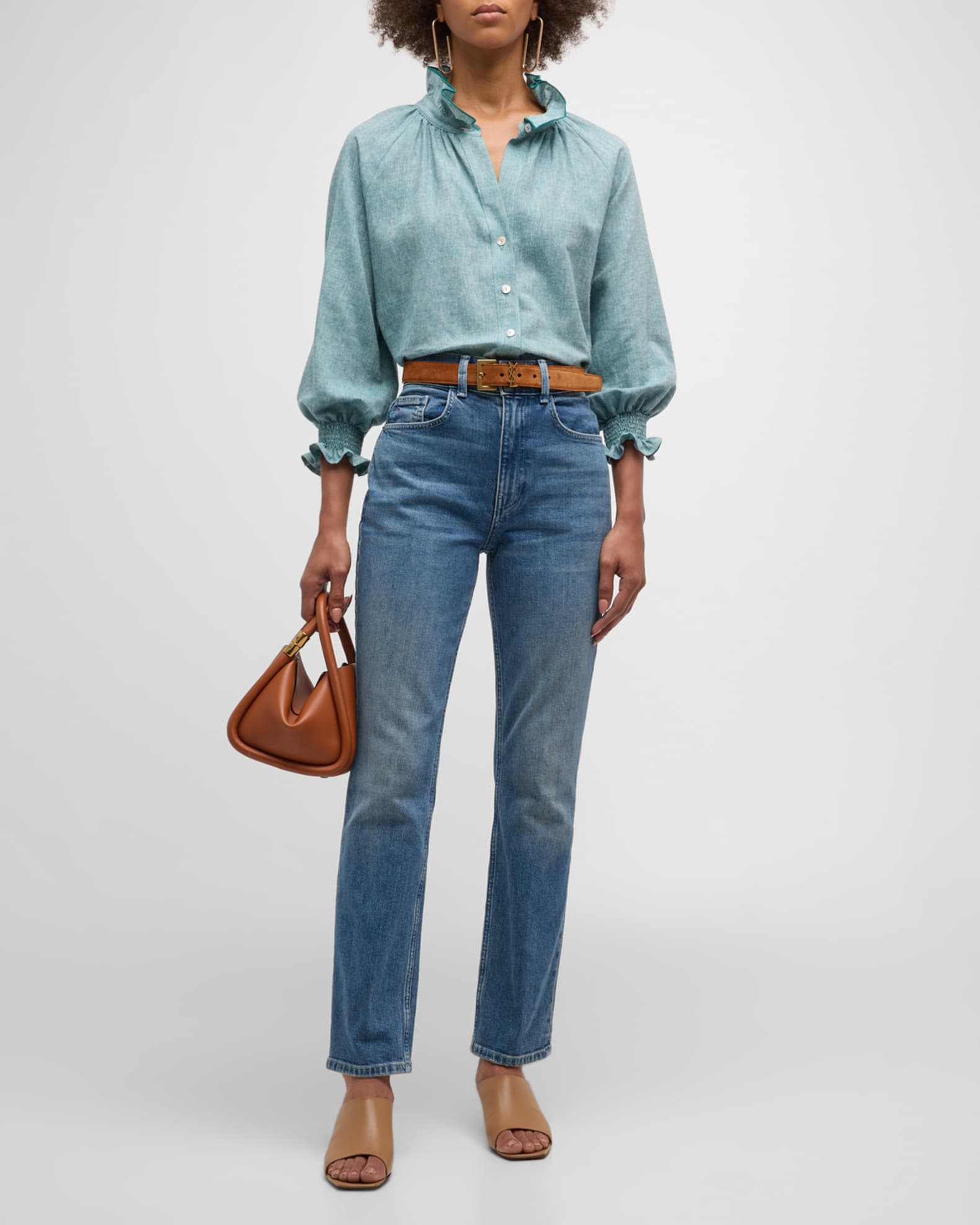 Finley Fiona Ruffle-Trim Chambray Blouse | Neiman Marcus