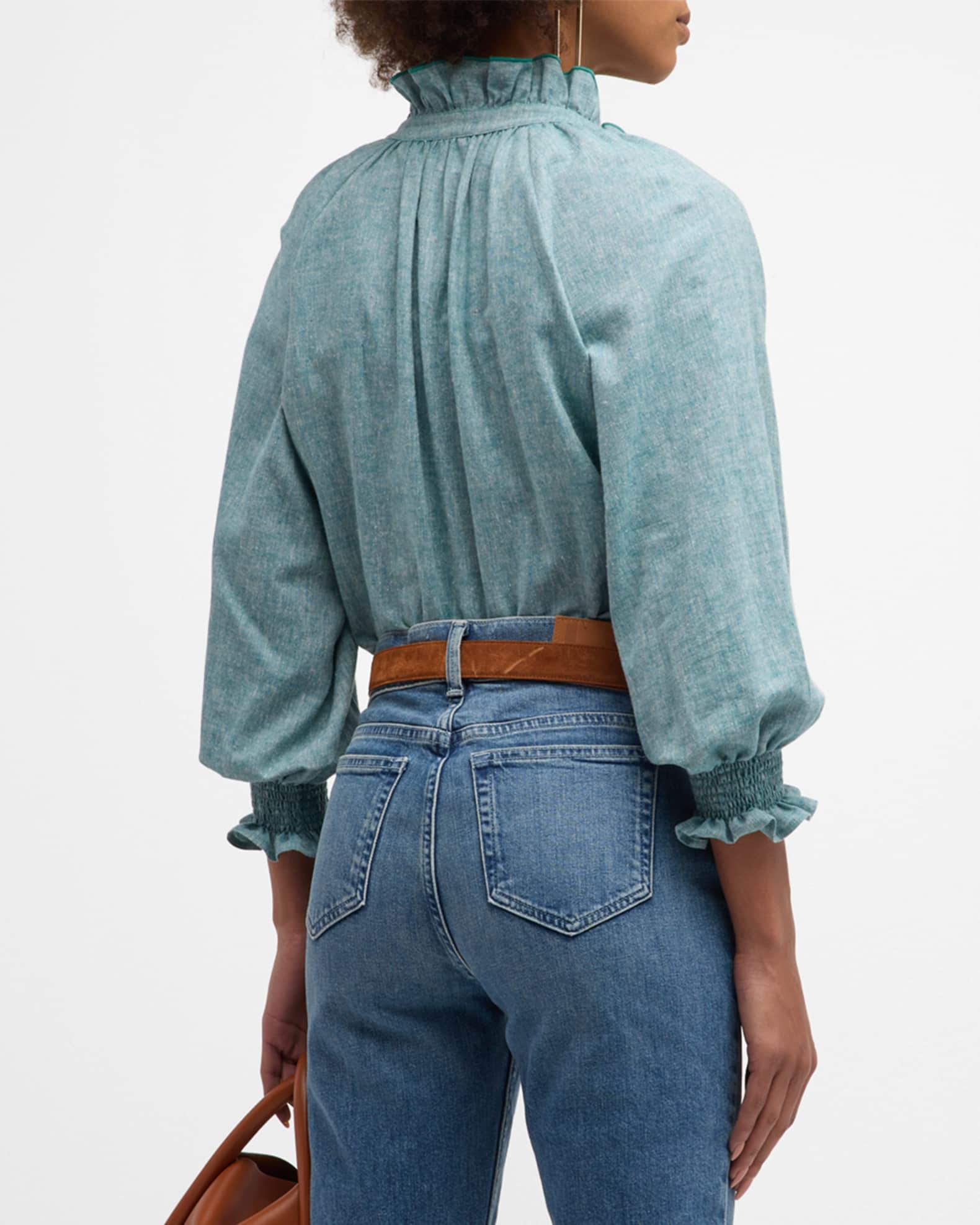 Finley Fiona Ruffle-Trim Chambray Blouse | Neiman Marcus
