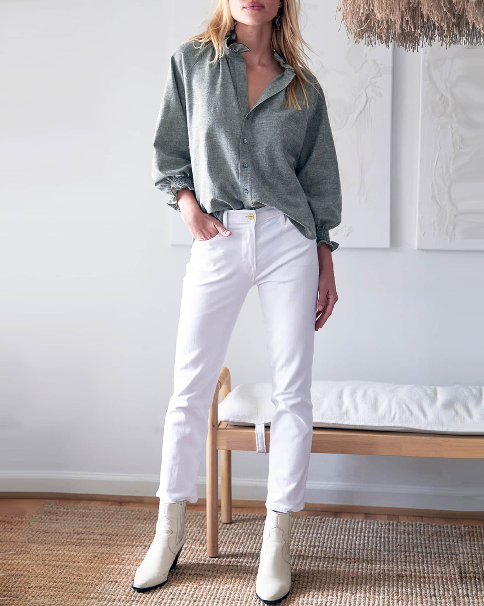 Finley Fiona Ruffle-Trim Chambray Blouse | Neiman Marcus