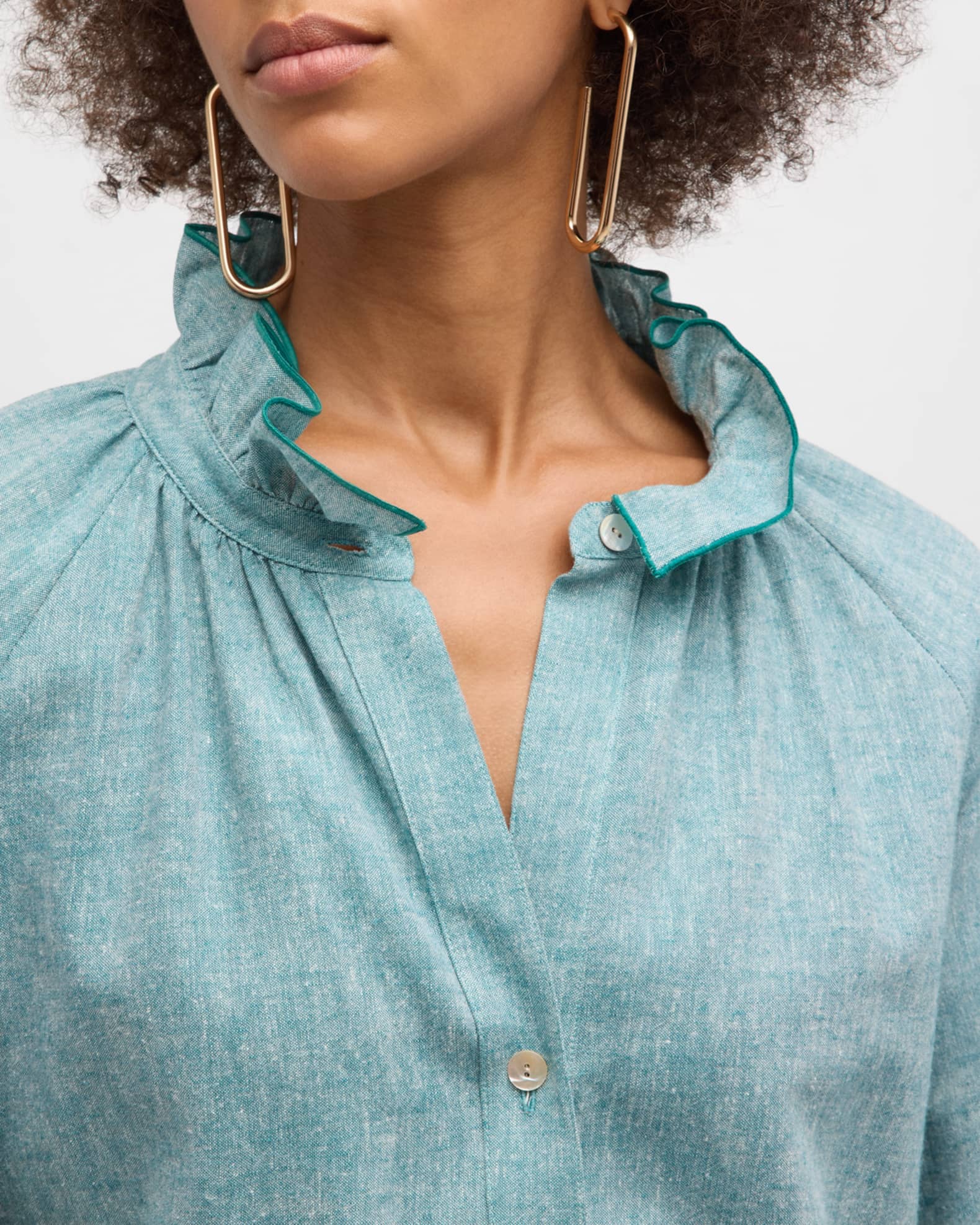 Finley Fiona Ruffle-Trim Chambray Blouse | Neiman Marcus