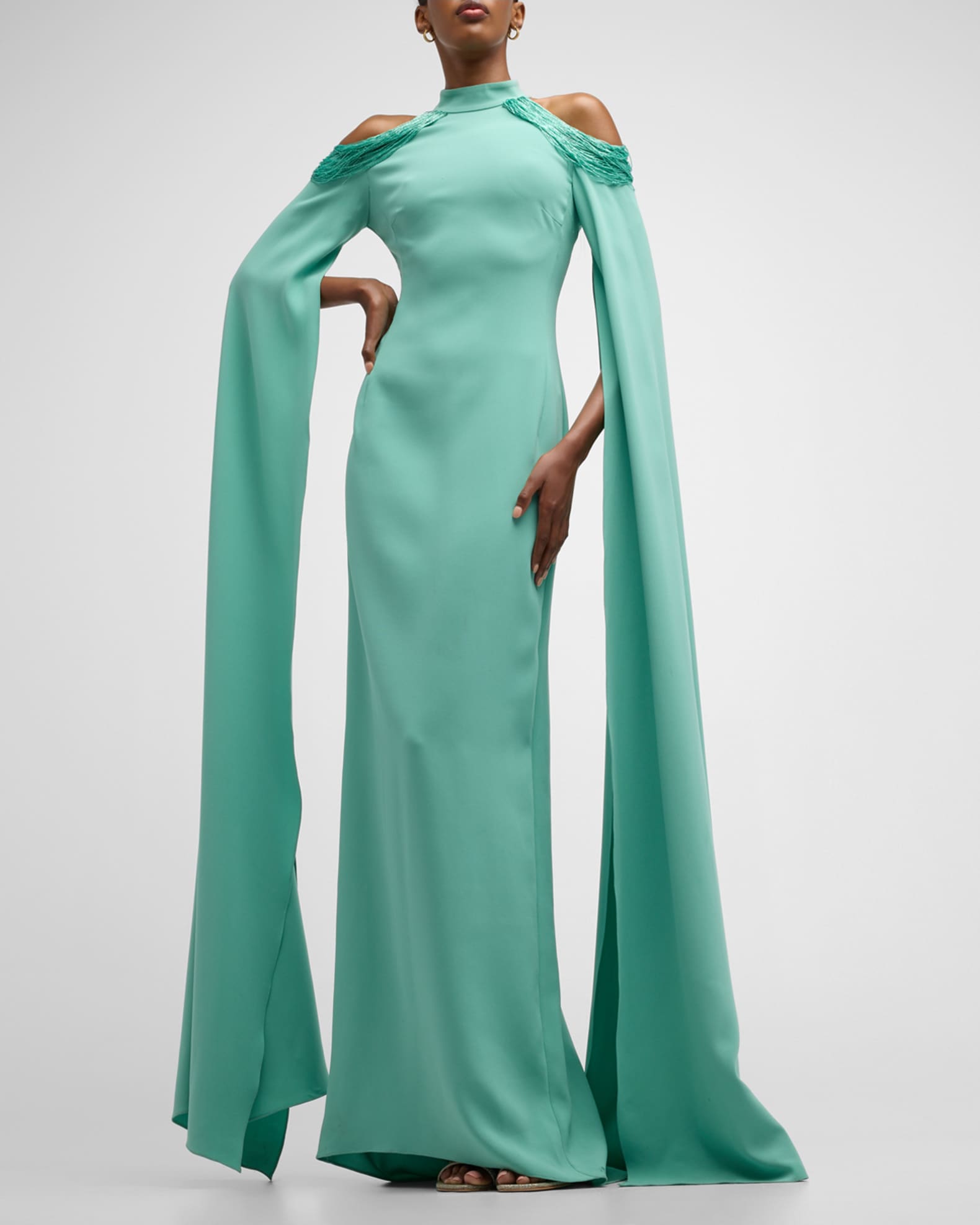 Oscar de la Renta Beaded Cold-Shoulder Cape-Sleeve Caftan Gown | Neiman ...