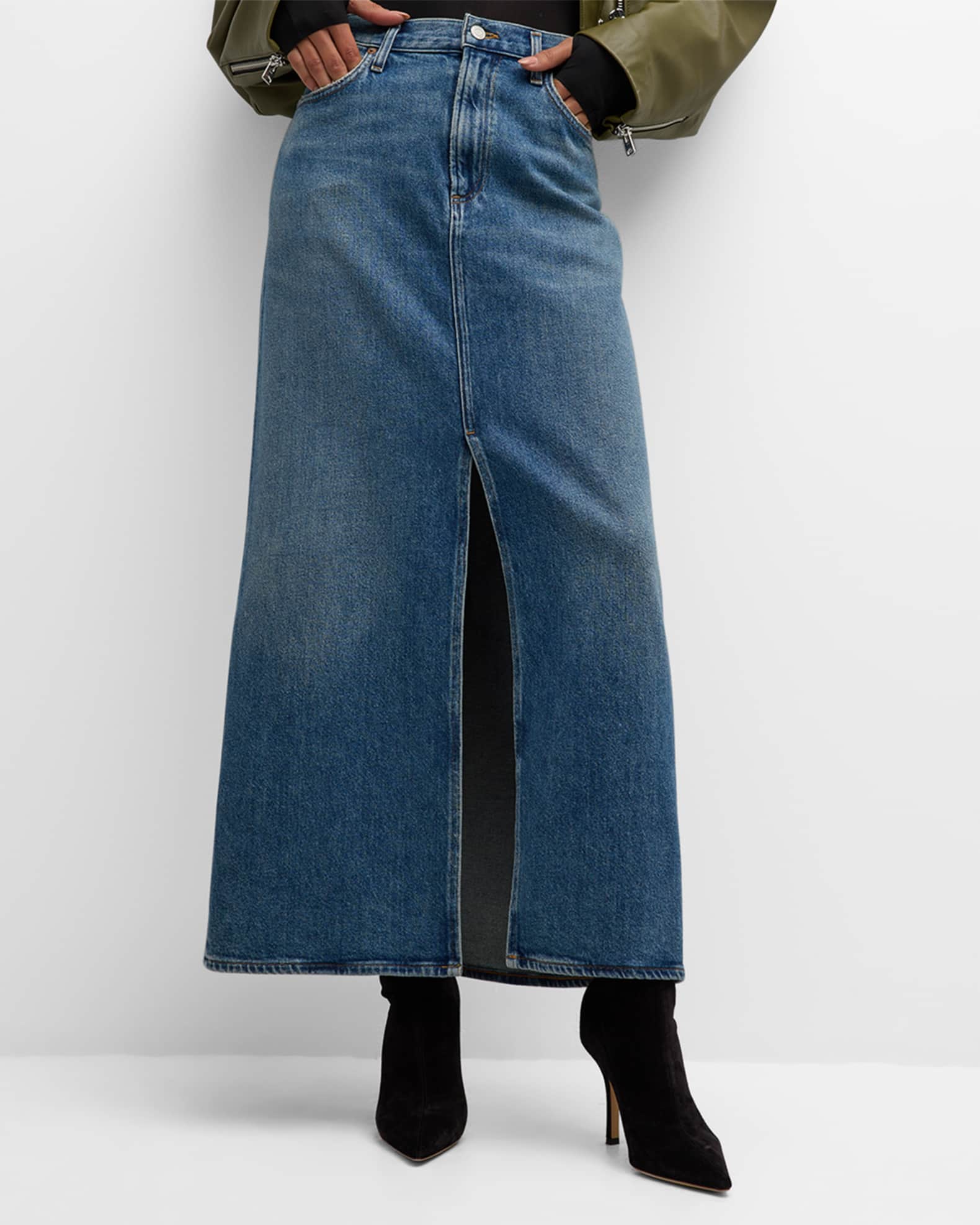 AGOLDE Leif Low-Slung Denim Maxi Skirt | Neiman Marcus