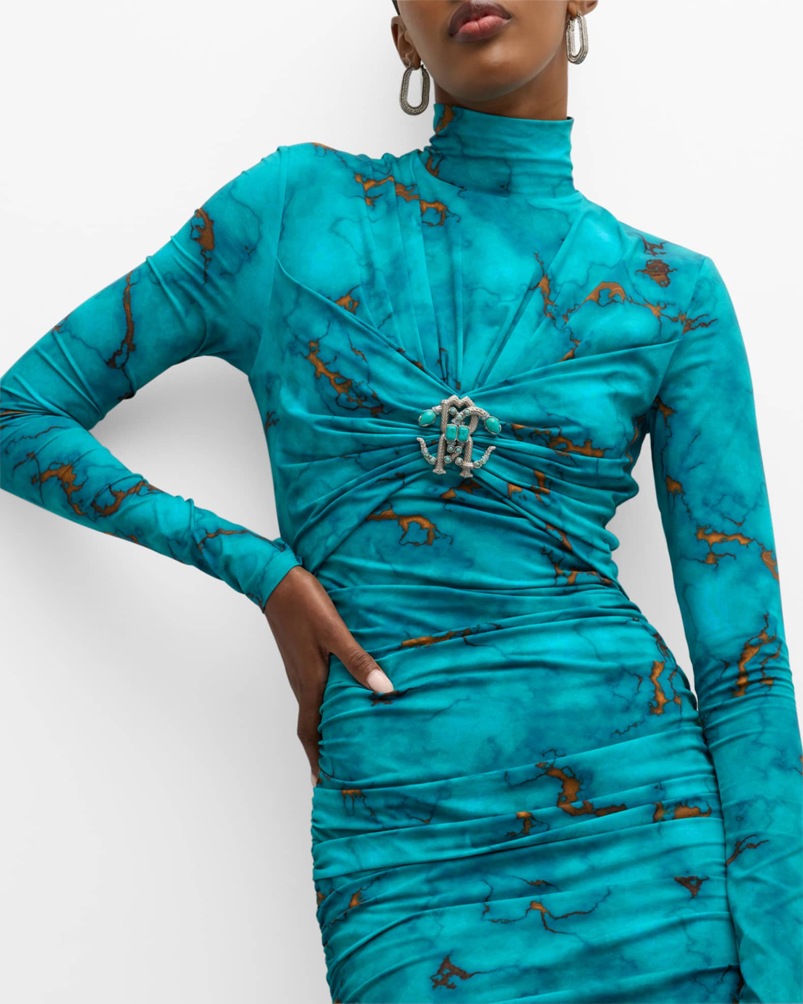 Roberto Cavalli Marble-Print Mock-Neck Ruched Midi Dress | Neiman Marcus