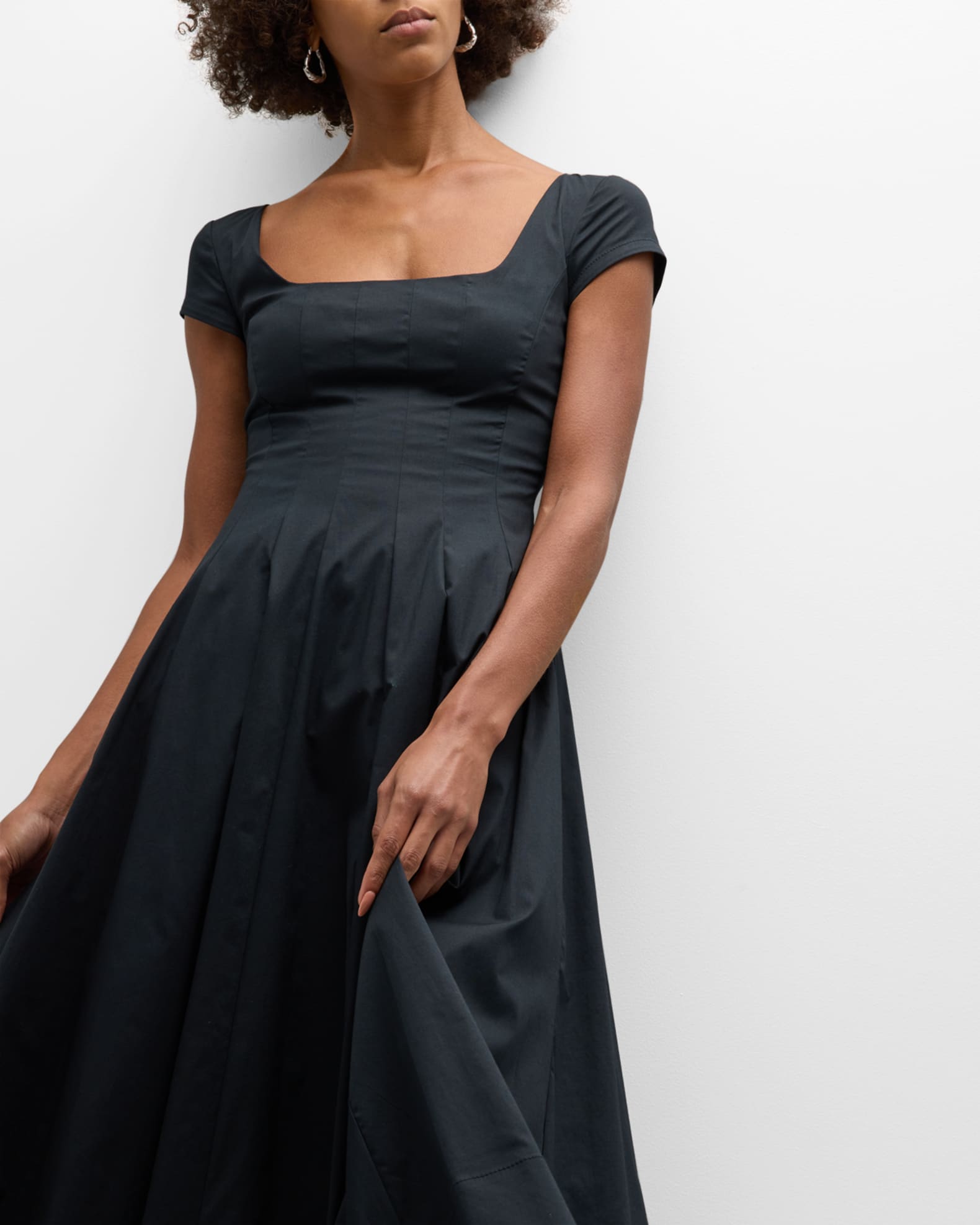 STAUD Wells Short-Sleeve Fit & Flare Poplin Midi Dress | Neiman Marcus