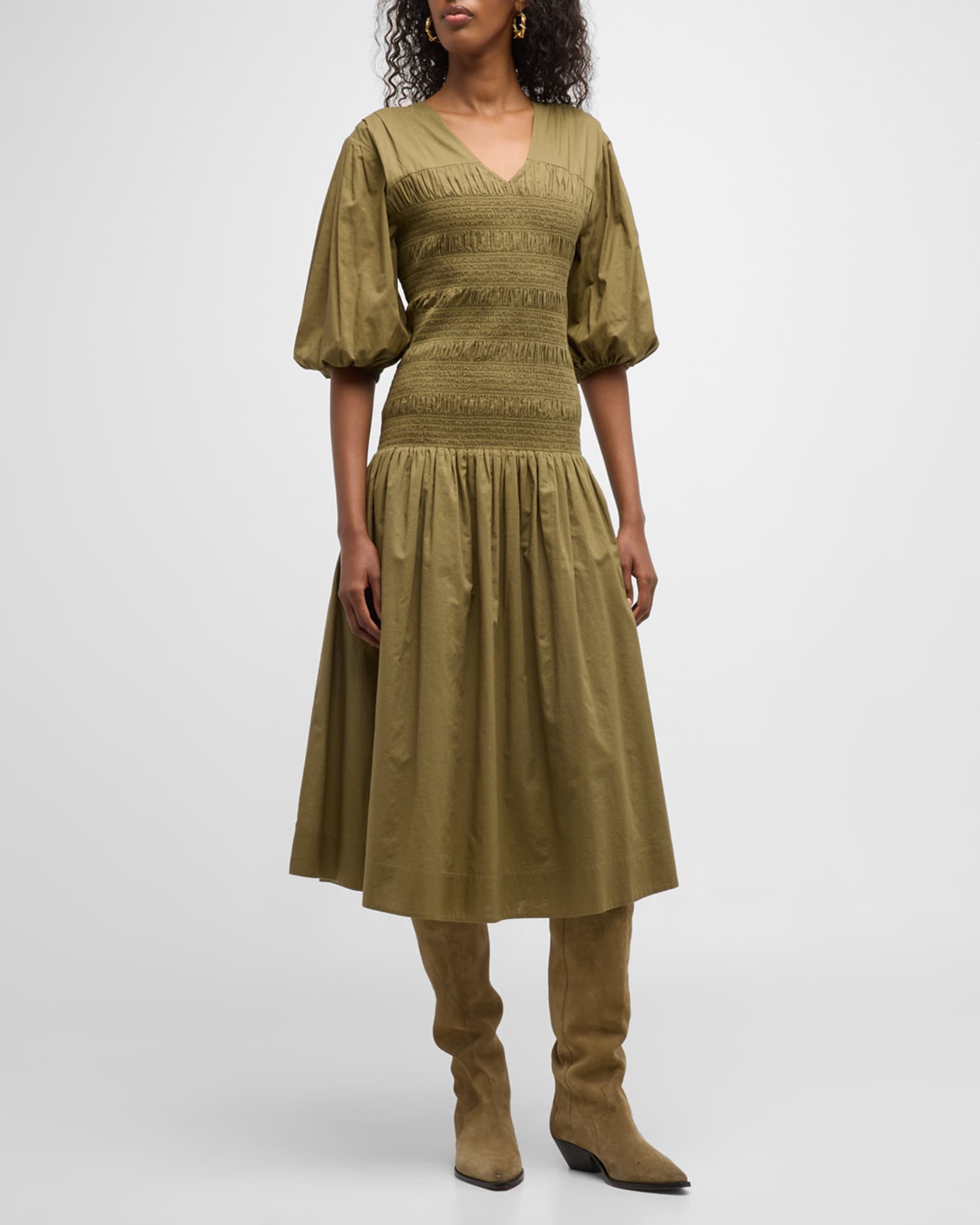 Merlette Martha Shirred Blouson-Sleeve Lawn Midi Dress | Neiman Marcus