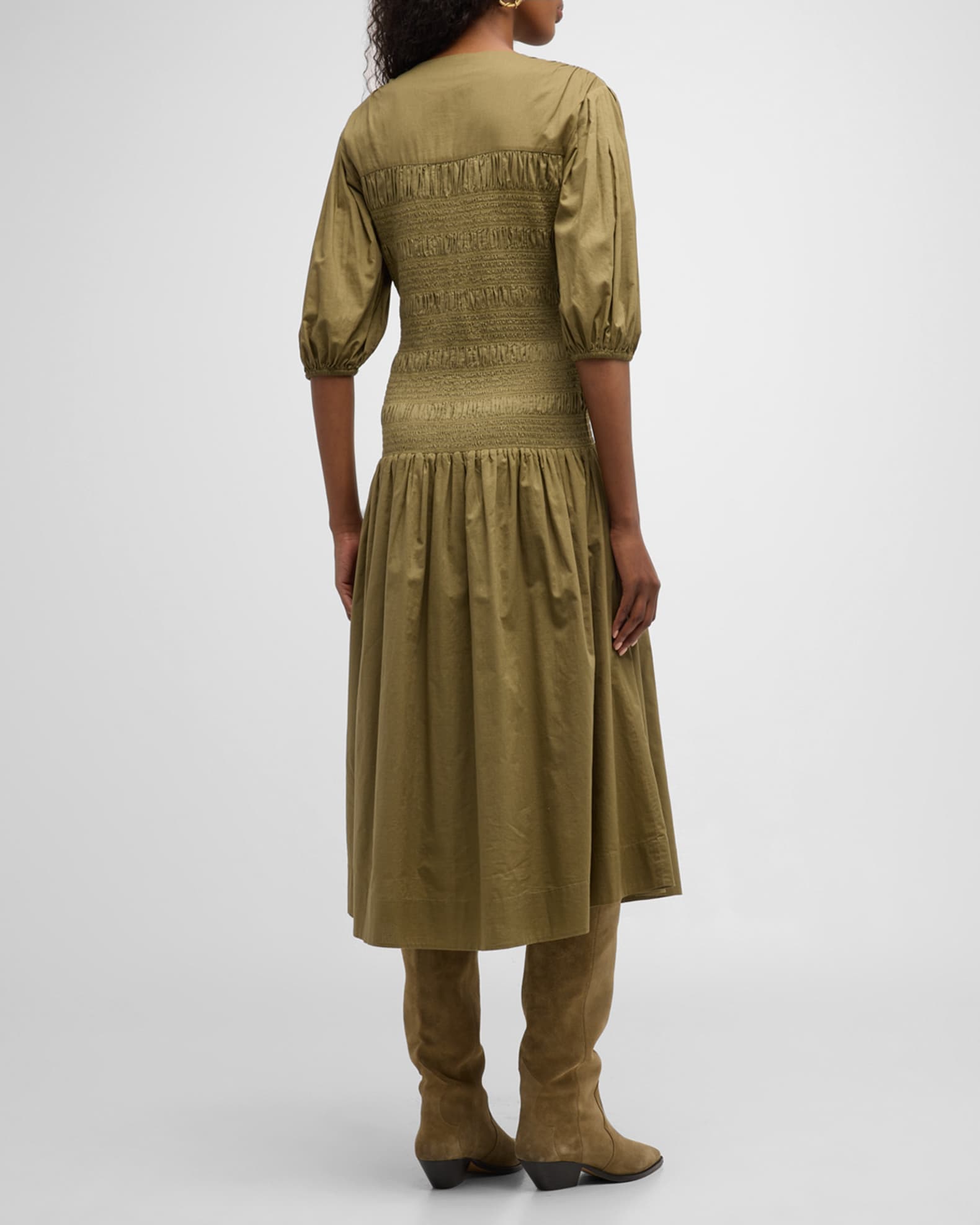 Merlette Martha Shirred Blouson-Sleeve Lawn Midi Dress | Neiman Marcus