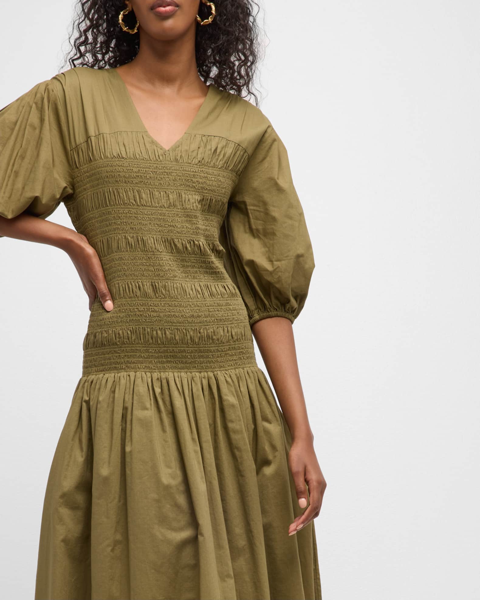 Merlette Martha Shirred Blouson-Sleeve Lawn Midi Dress | Neiman Marcus