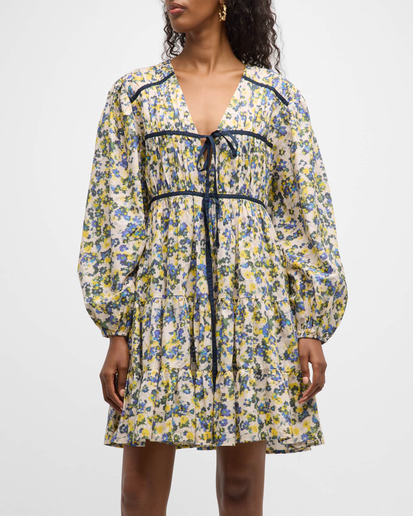 Merlette Lasse Tiered Floral-Print Mini Dress | Neiman Marcus