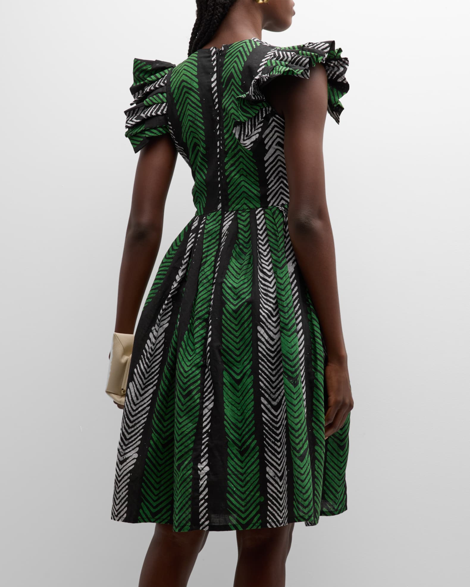 Busayo Ade Striped Cotton Ruffle-Sleeve Knee-Length Dress | Neiman Marcus