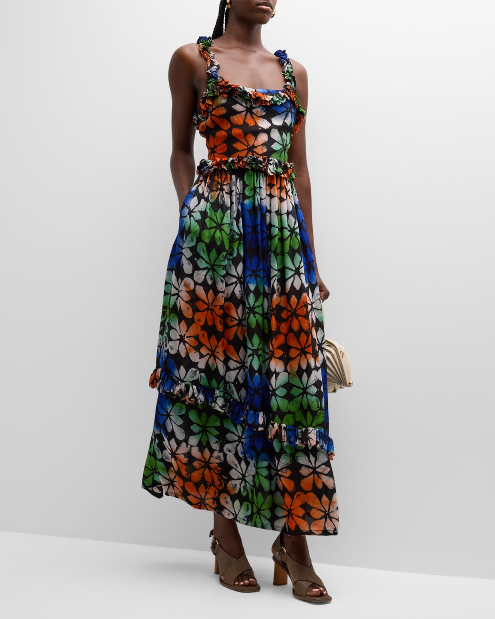 Busayo Aje Multicolor Sleeveless Ruffle-Trim Maxi Dress | Neiman Marcus