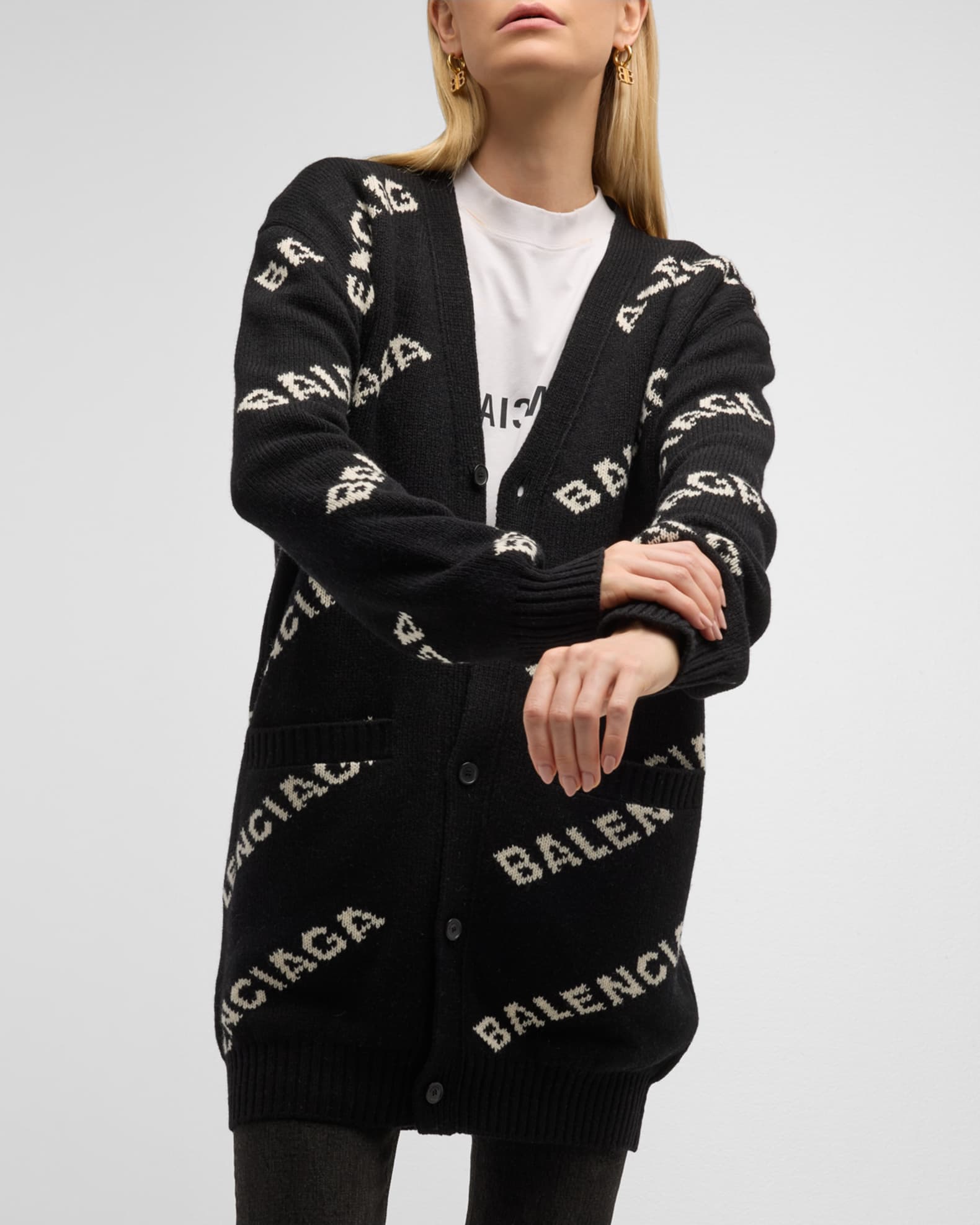 Balenciaga Button-Down Logo Knit Cardigan | Neiman Marcus