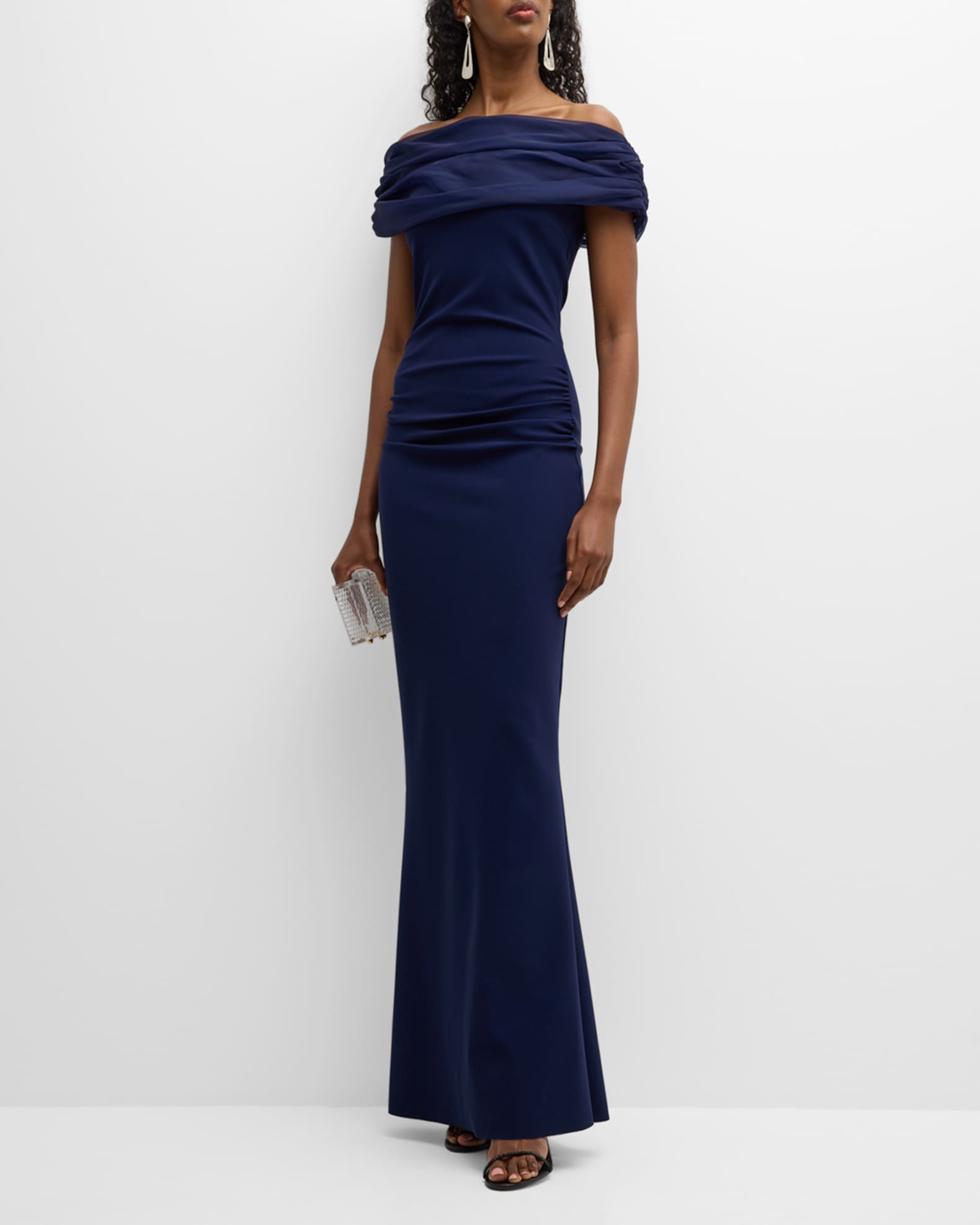 Chiara Boni La Petite Robe Ruched Off-Shoulder Column Gown | Neiman Marcus