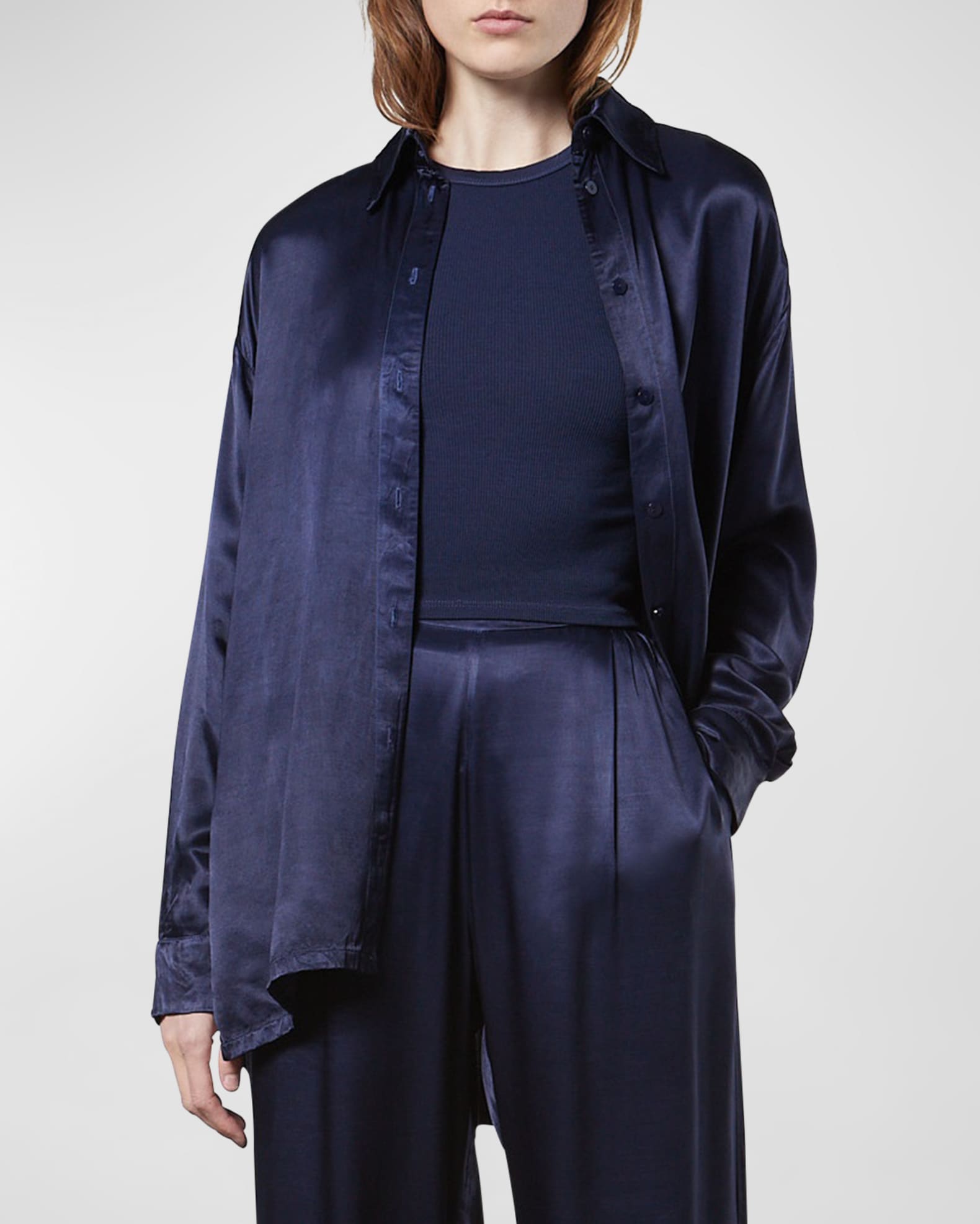 Enza Costa Satin Button-Front Shirt | Neiman Marcus