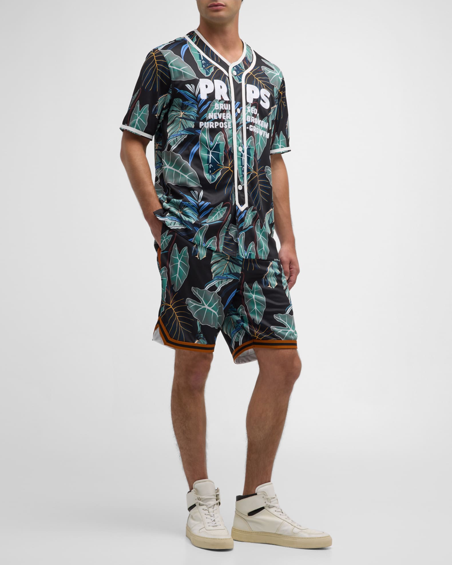 PRPS Men's Leaf-Print Jersey Athletic Shorts | Neiman Marcus