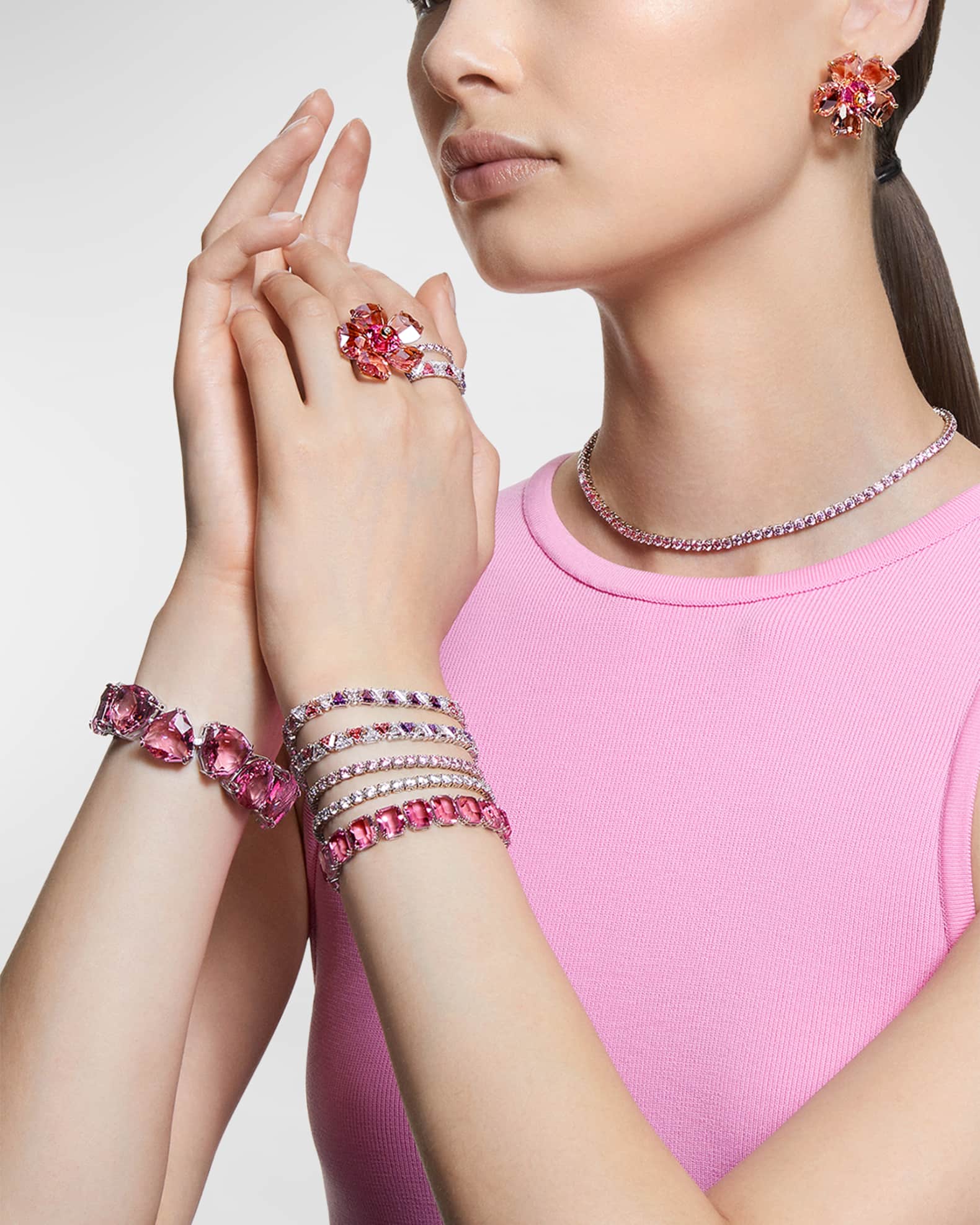 SWAROVSKI Matrix Rhodium Plated Round Cut Pink Crystal Tennis Bracelet Neiman Marcus