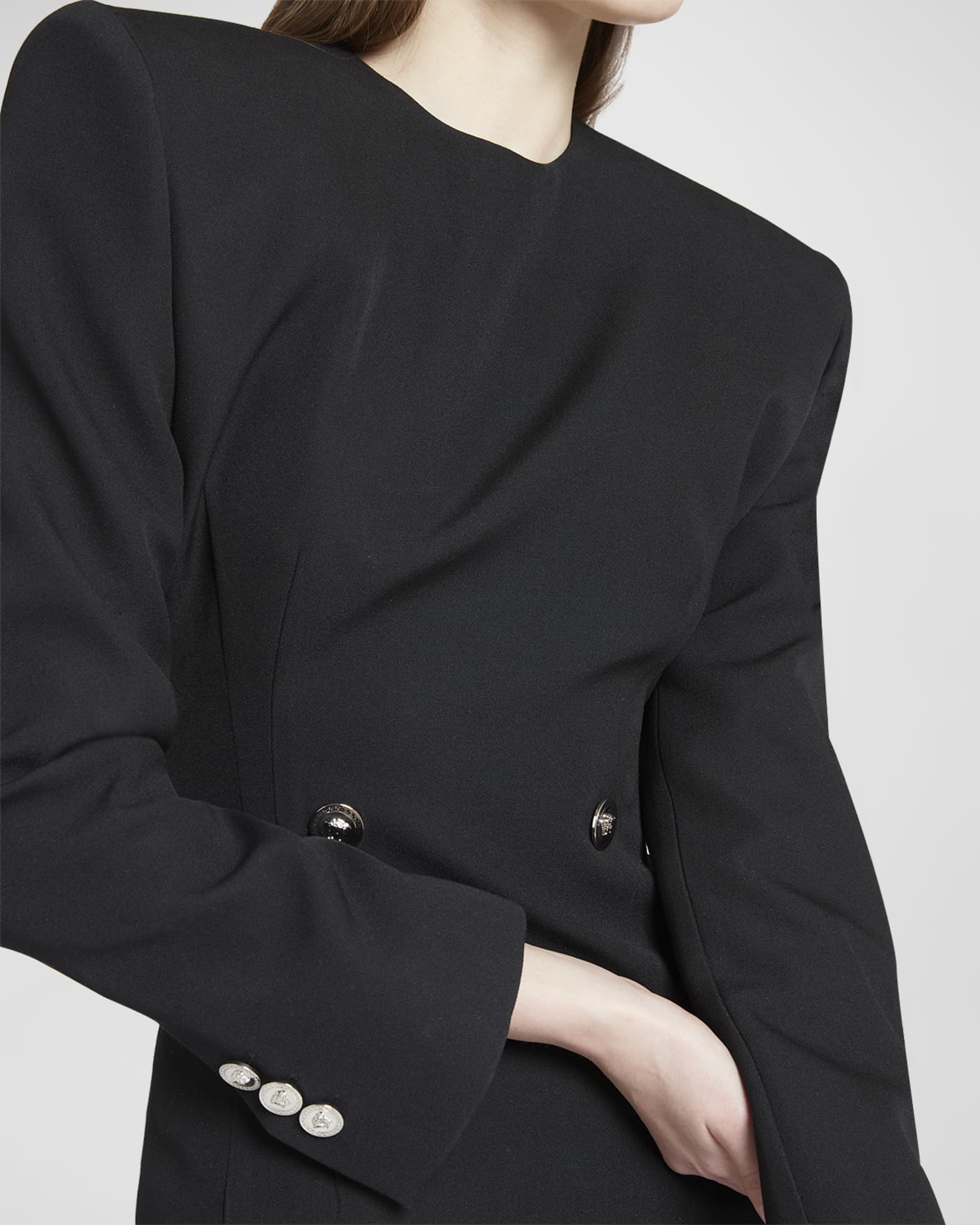 Versace Strong-Shoulder Grain De Poudre Mini Suit Dress | Neiman Marcus