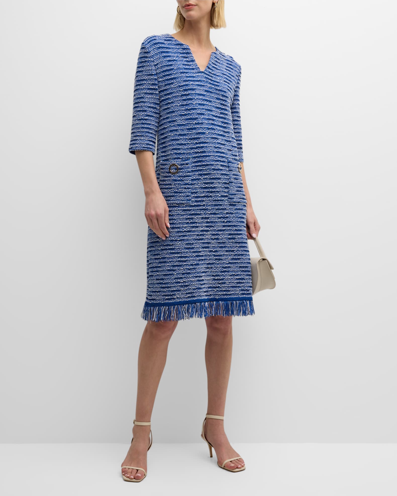 Misook Fringe Trim Recycled Knit Tweed Shift Dress | Neiman Marcus
