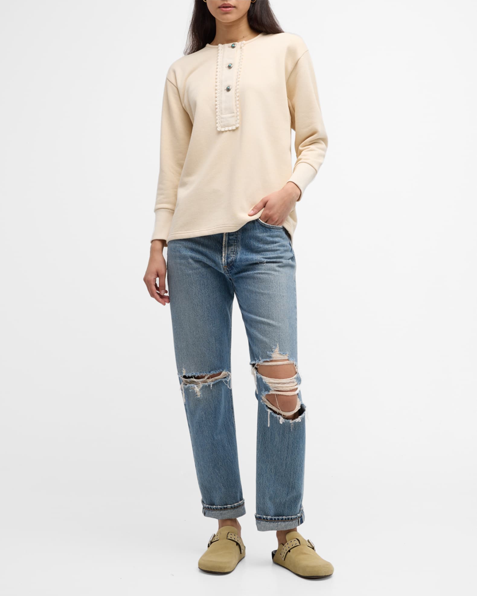 FORTELA Carmel Henley Top with Turquoise Buttons | Neiman Marcus