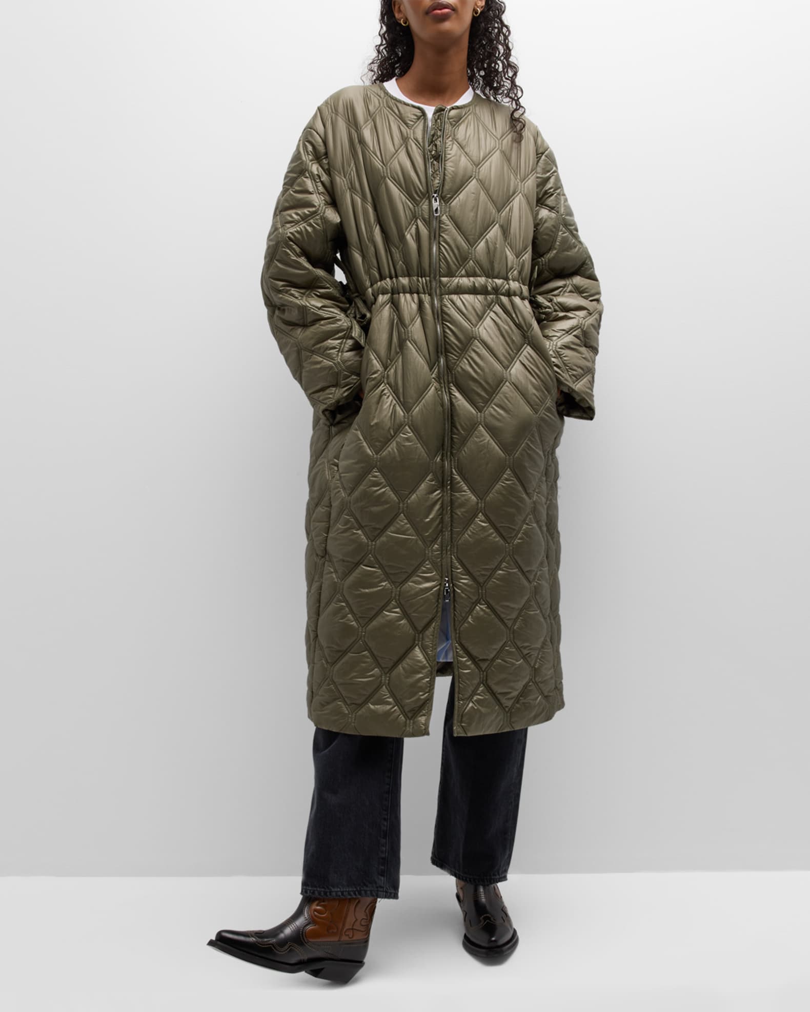 Ganni Shiny Quilted Long Coat | Neiman Marcus
