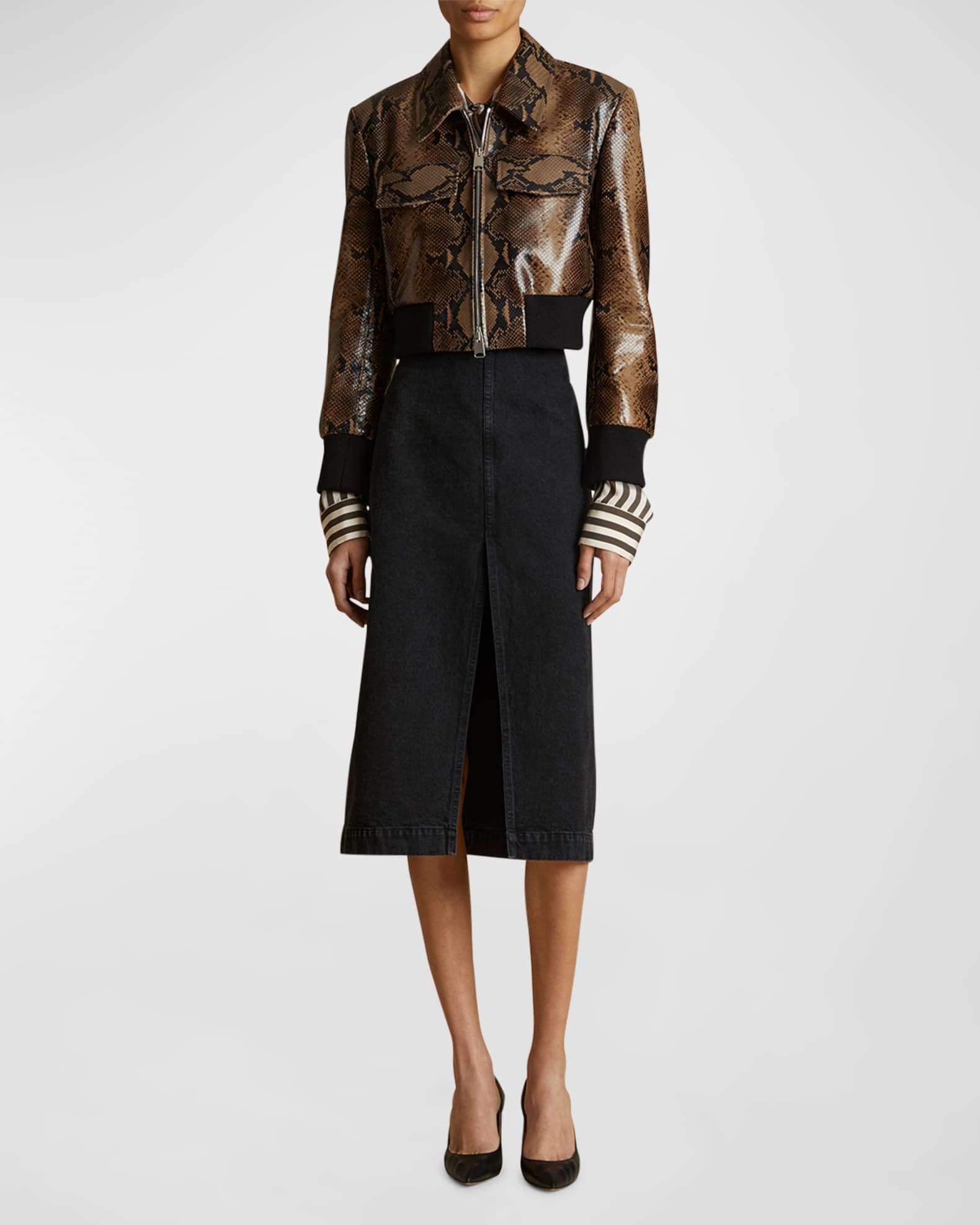 Khaite Hector Cropped Snake Print Leather Jacket | Neiman Marcus